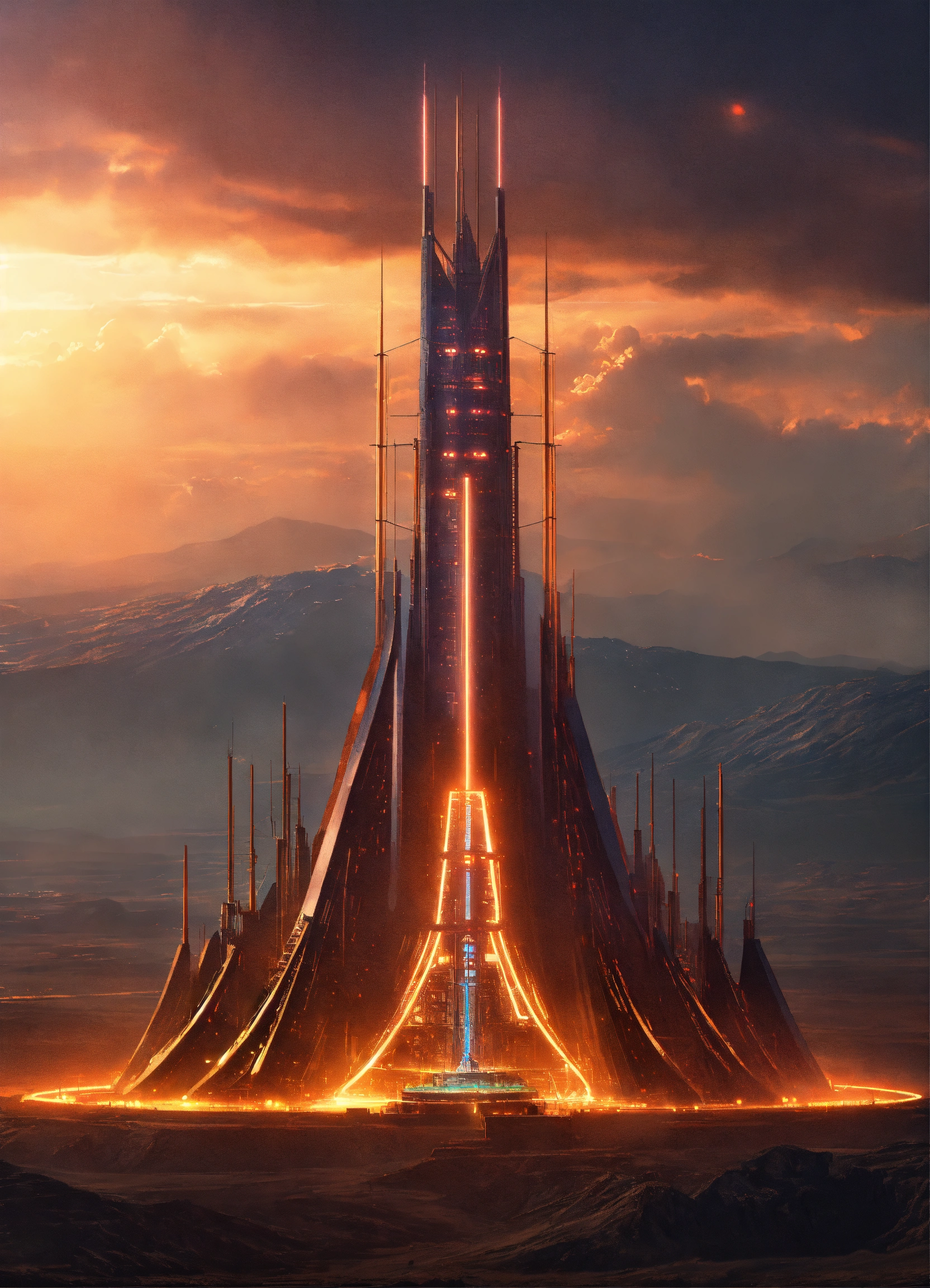 Lexica - Dark alien Futuristic Tower of Sauron stands a fortress with ...