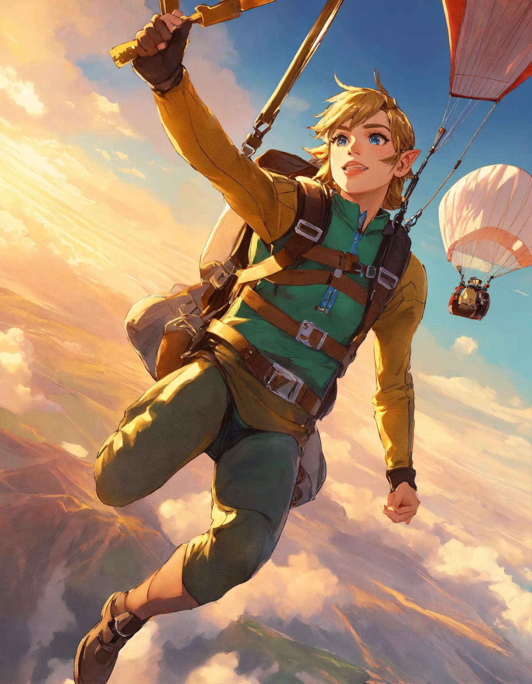Lexica - Selfie of Link skydiving with a paraglider, in a black and ...