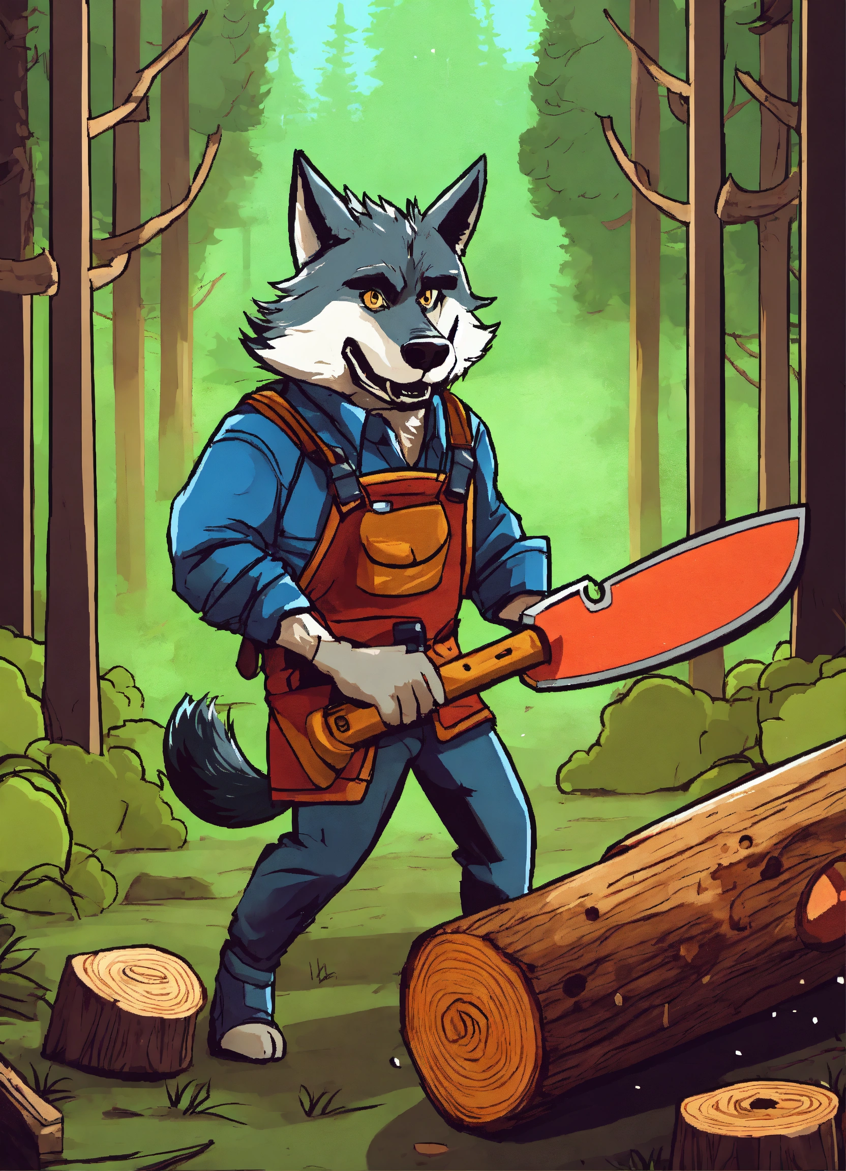 Lexica - A wolf chopping wood with a chainsaw in the forest, cartooney ...