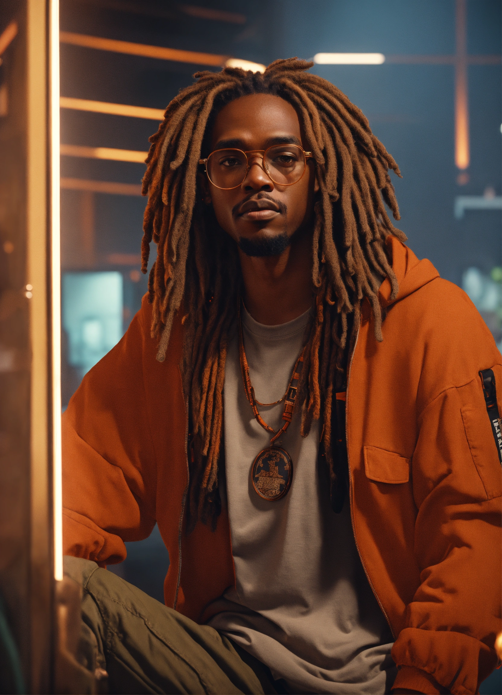 Lexica - African American man in streetwear, dreadlocks and glasses talking to himself in a ...
