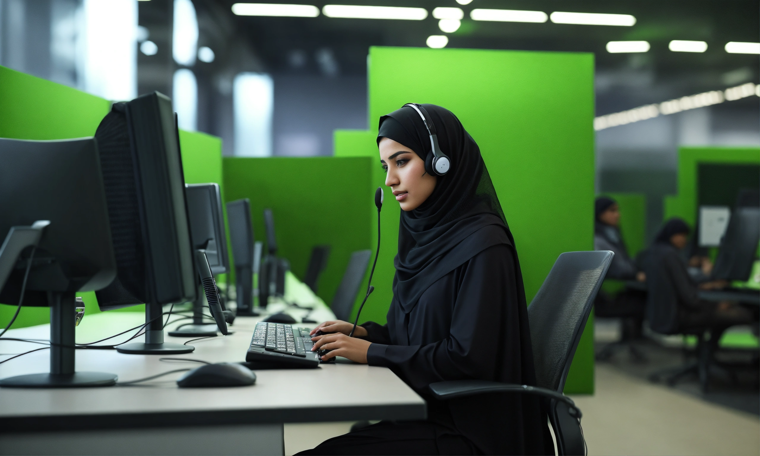 Lexica - Saudi women, in call center, head phone, veiled, green ...