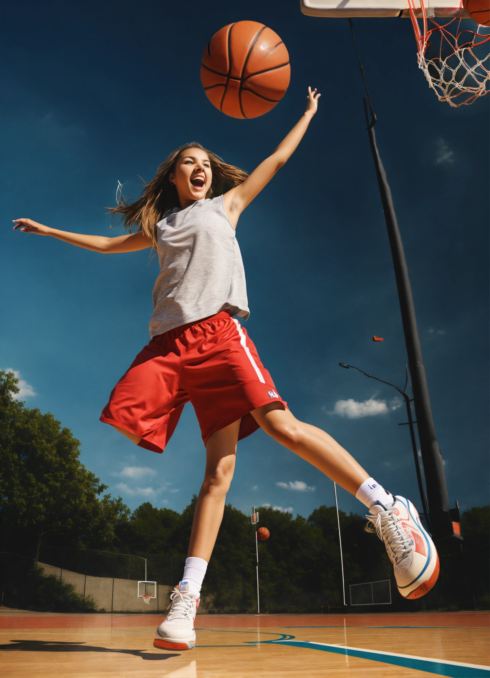 Lexica - Photo-realistic picture of a girl bouncing a basketball.
