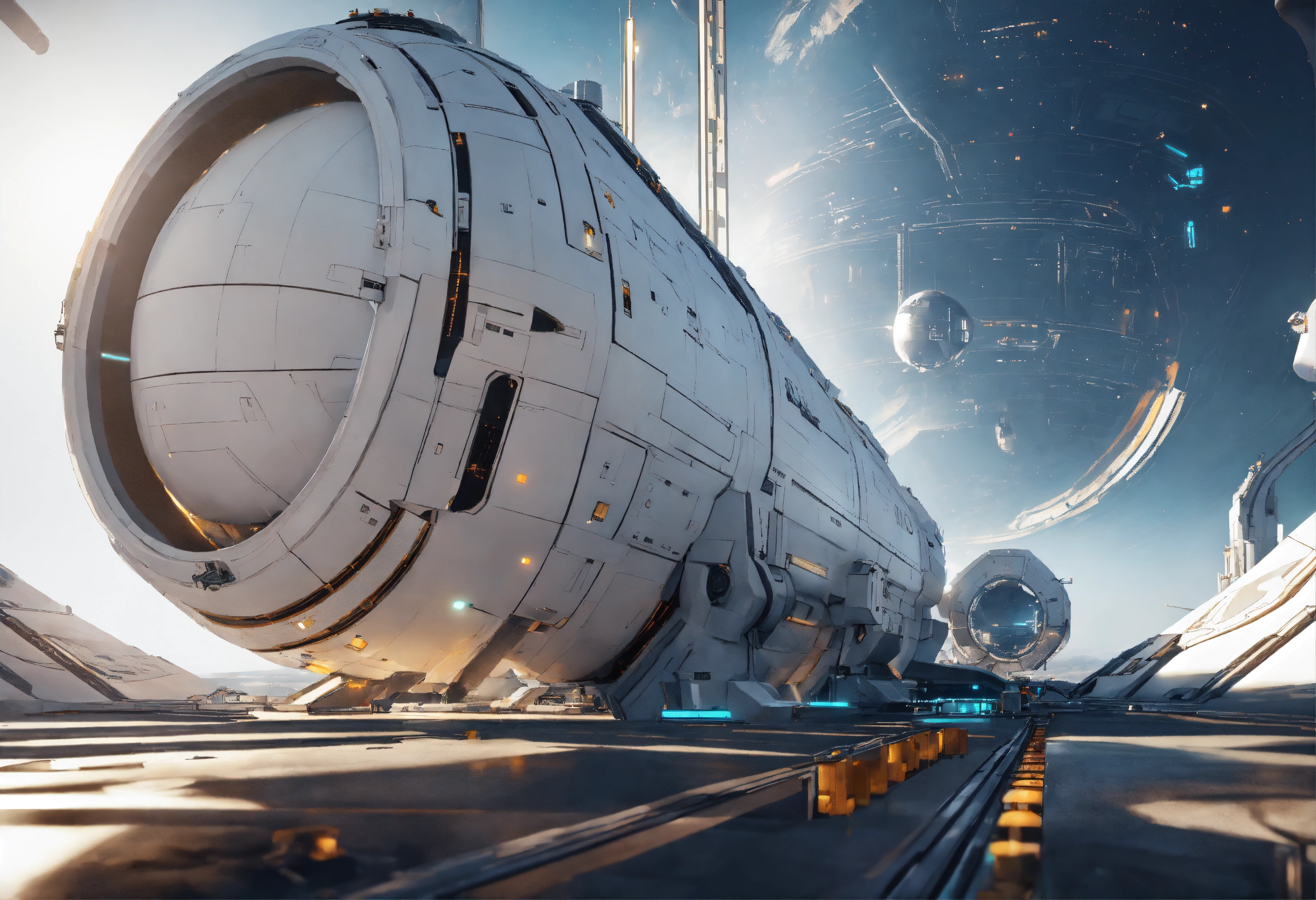 Lexica - Zoom out on a huge modern style white space station fuel port ...