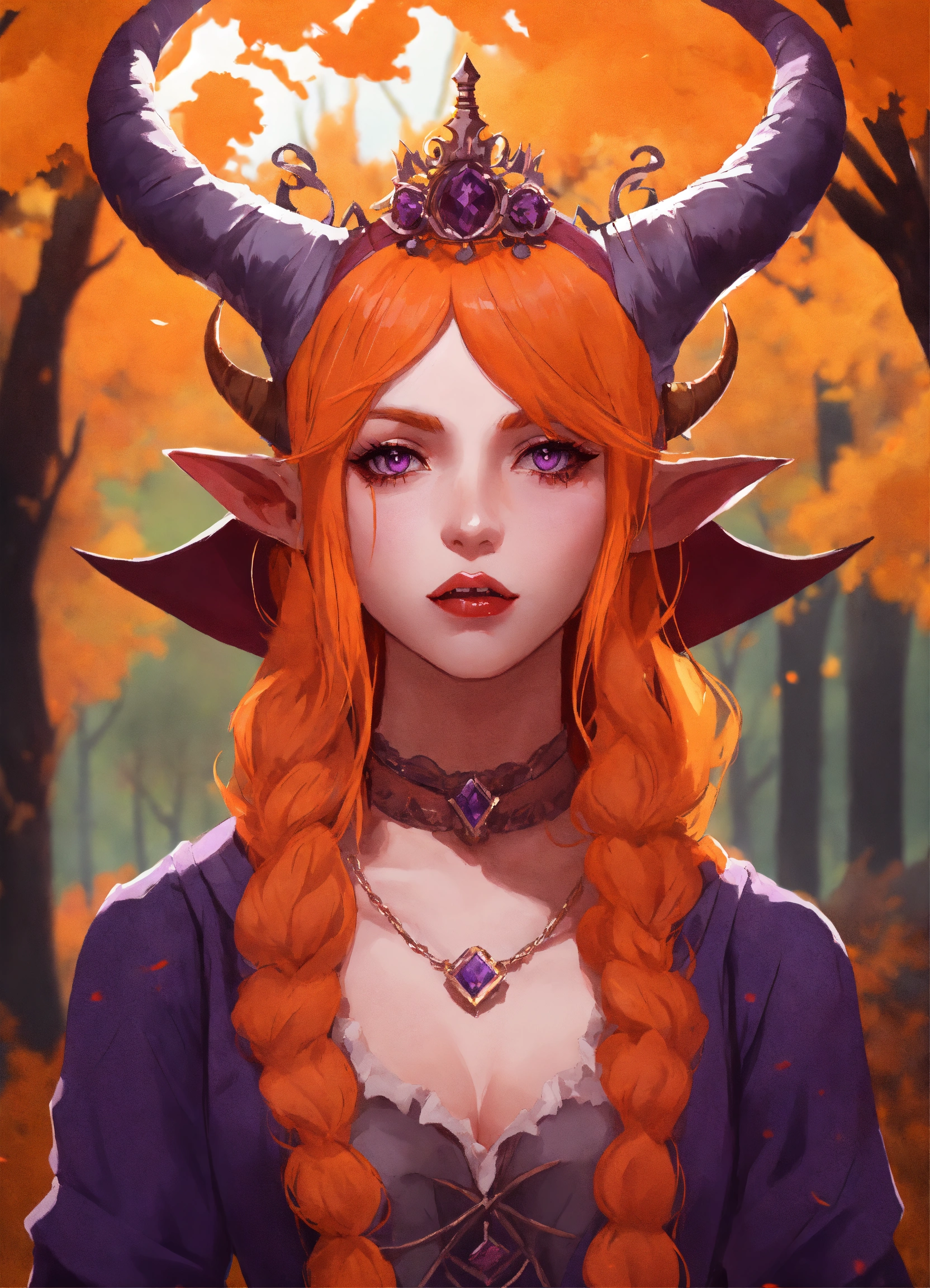 Lexica - 2d vampire girl, pastel orange hair, violet eyes, horn crown ...