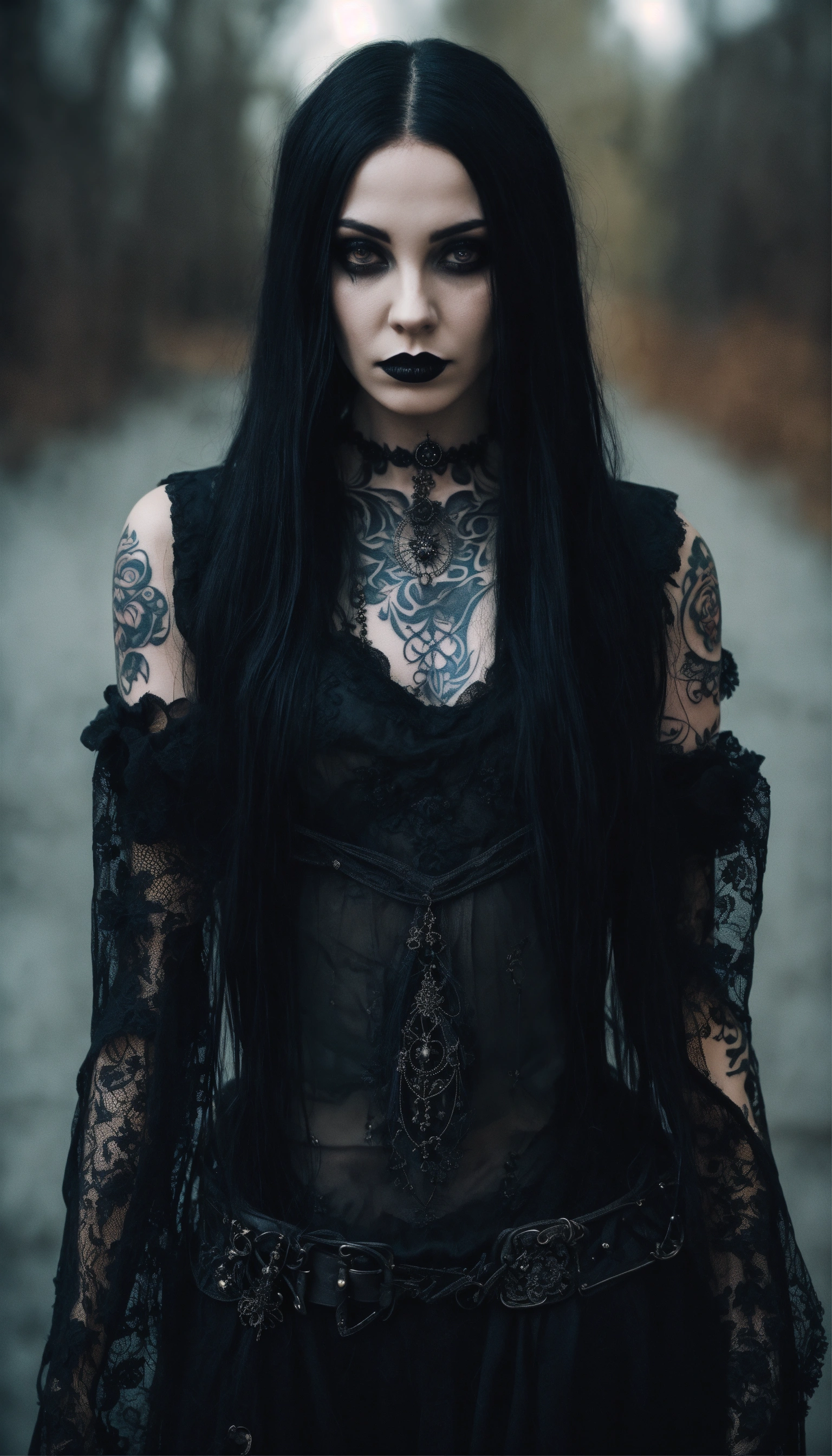 Lexica - A scary girl, full body, pale skin, long crazy black hair ...