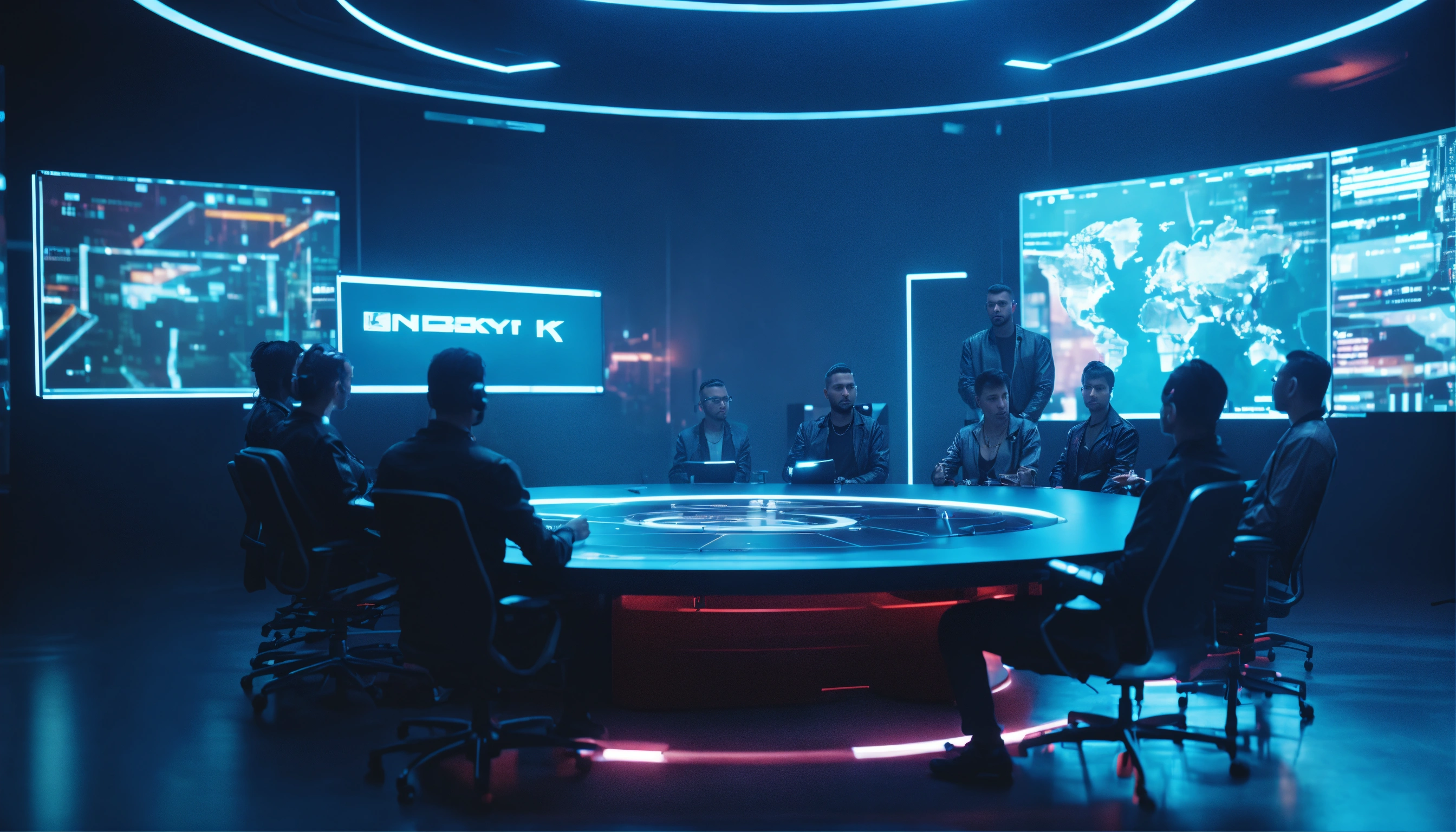 Lexica - High-tech conference room, round cyber table, people siting ...