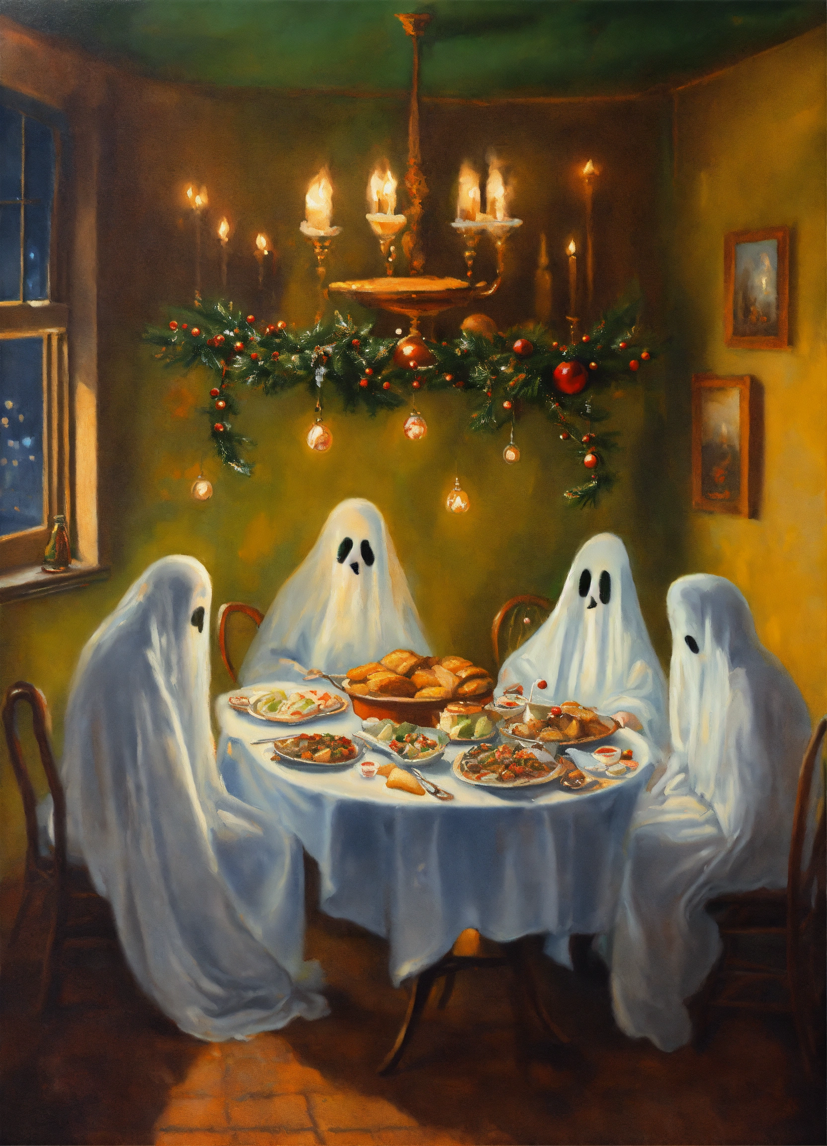 Lexica - Ghosts in a vintage kitchen enjoying their Christmas meals oil ...