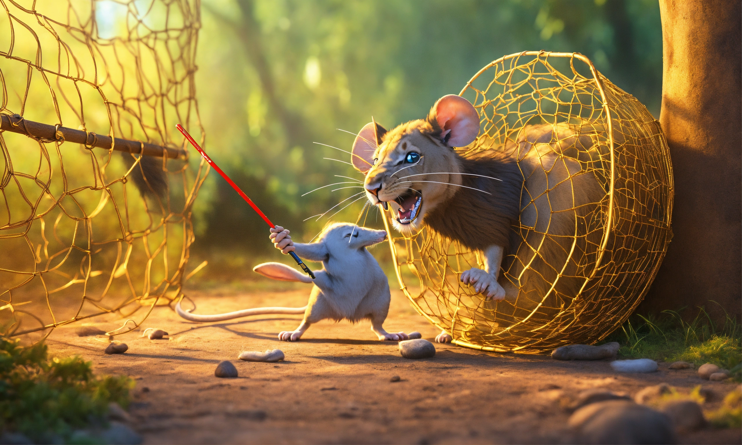 Lexica - Cartoon 3d rat cutting net of trapped lion