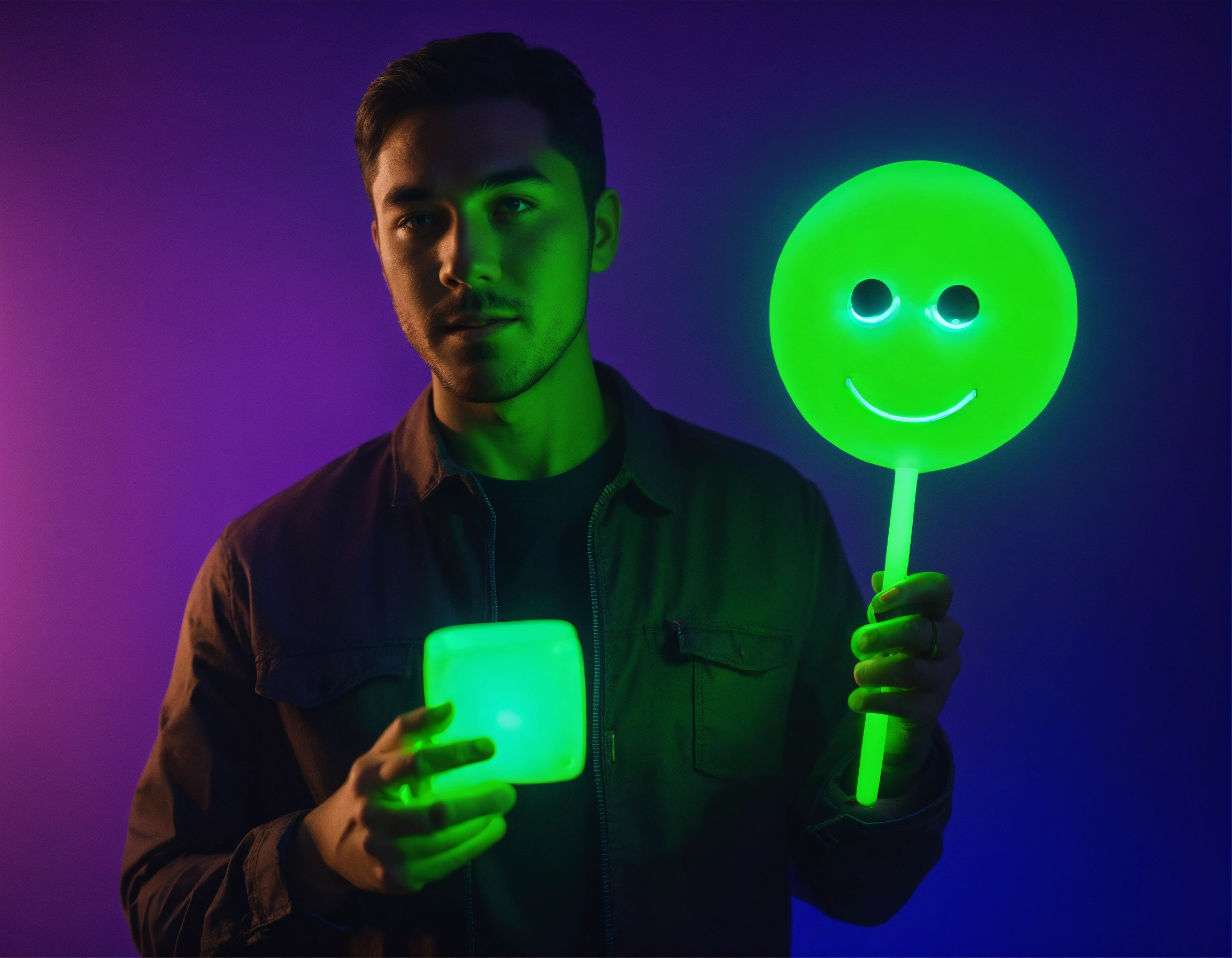 Lexica - Man stands in front of purple background holding neon green ...