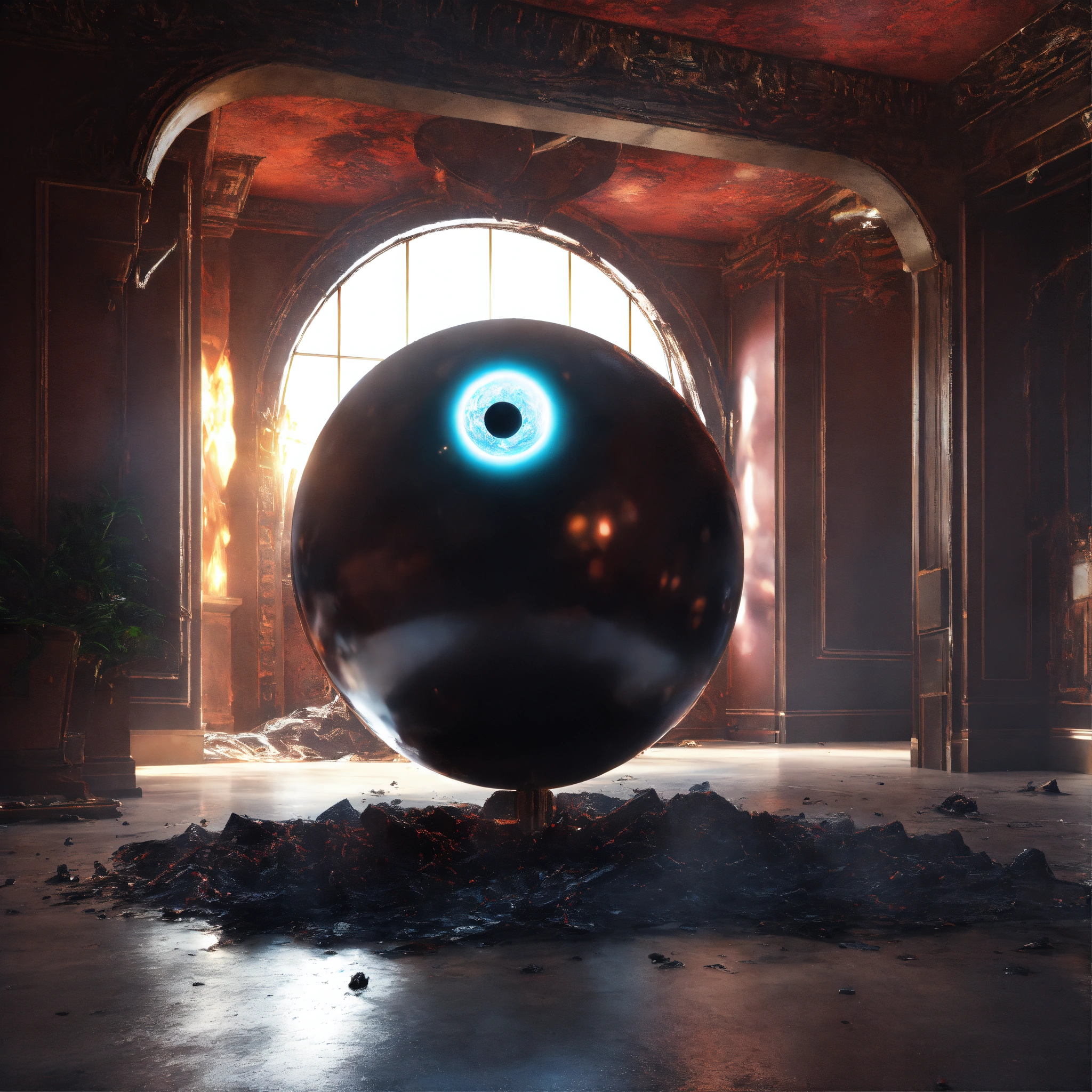 Lexica - 3d Digital art Black hole holding strange alien object orb damaged out of place indoor