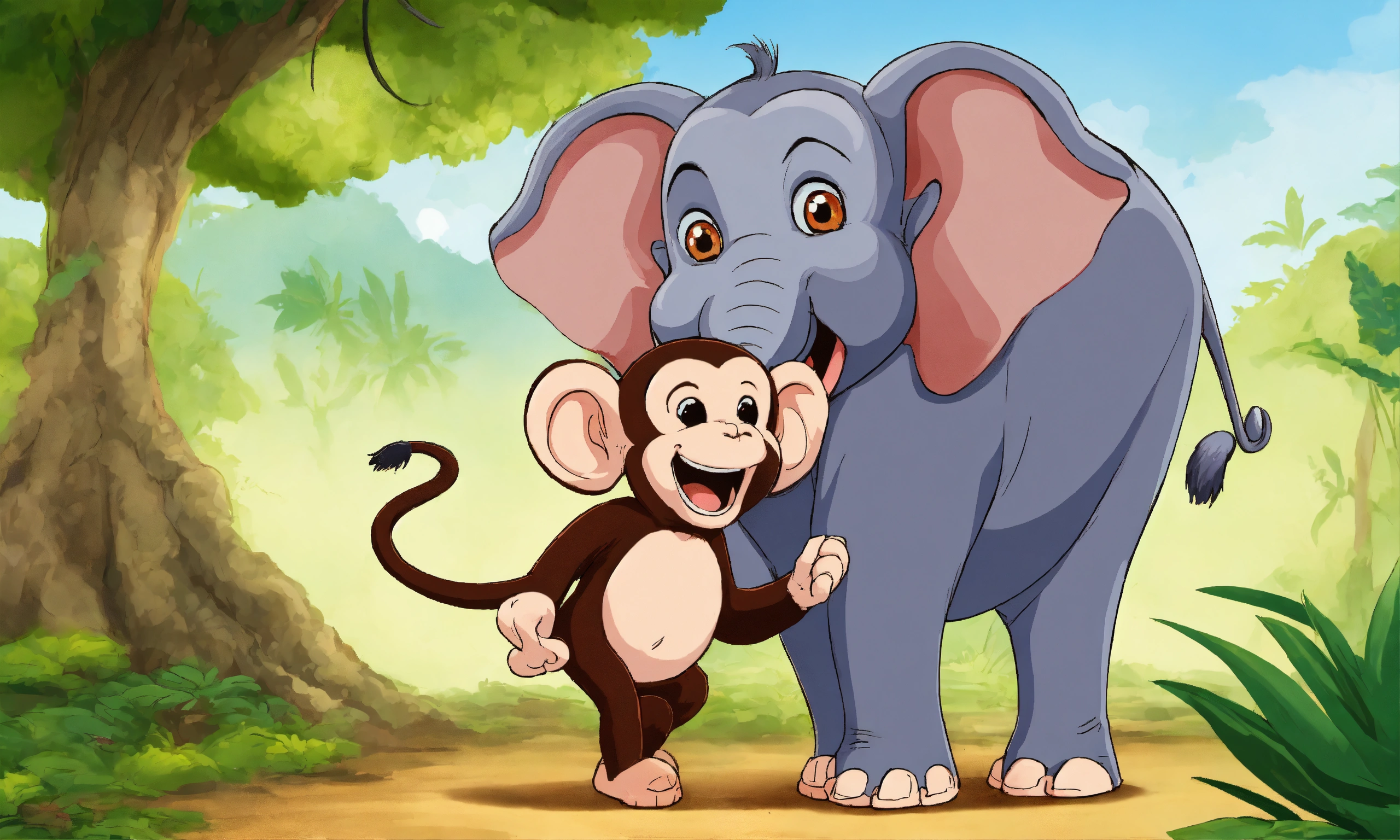 Lexica - Monkey and elephant laughter together cartoon