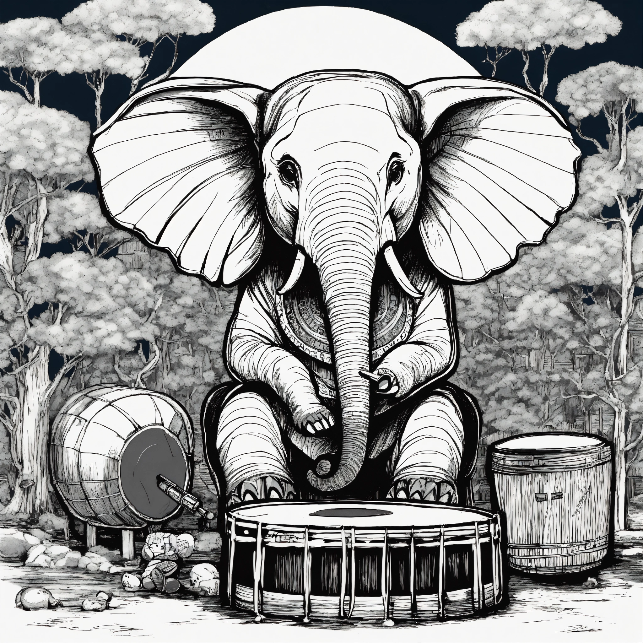 Lexica - There is a baby elephant playing a drum, manga cartoon ...