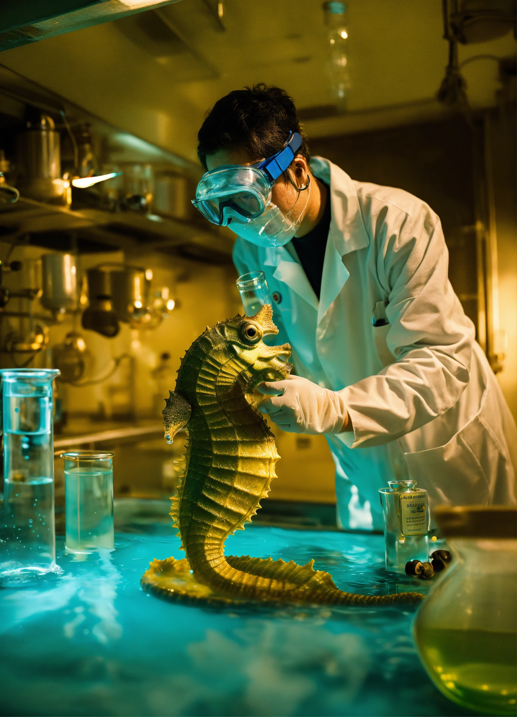 Lexica - A seahorse scientist in an underwater laboratory wearing ...