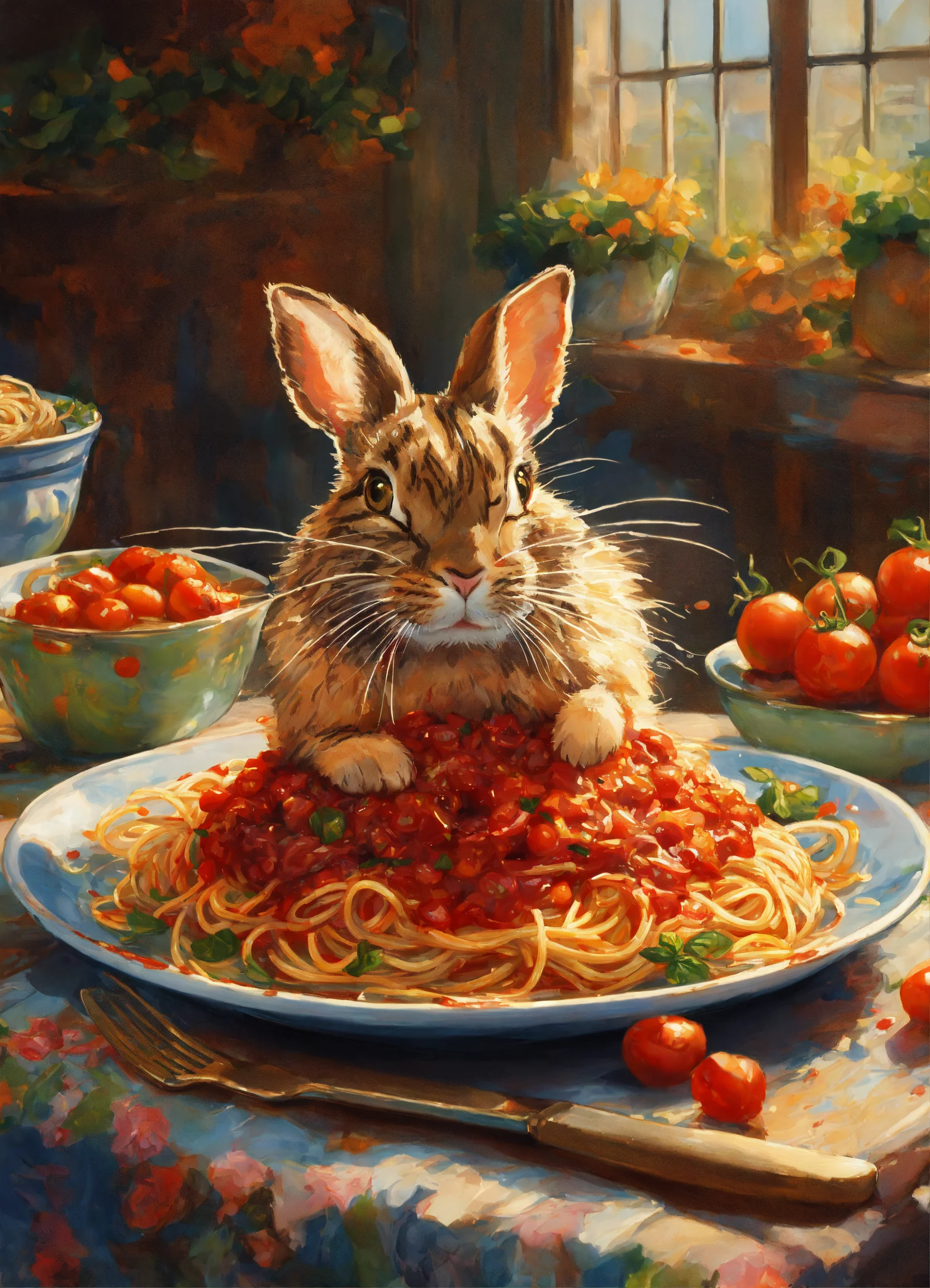Lexica - A cute tabby rabbit eating messy spaghetti with tomato sauce ...
