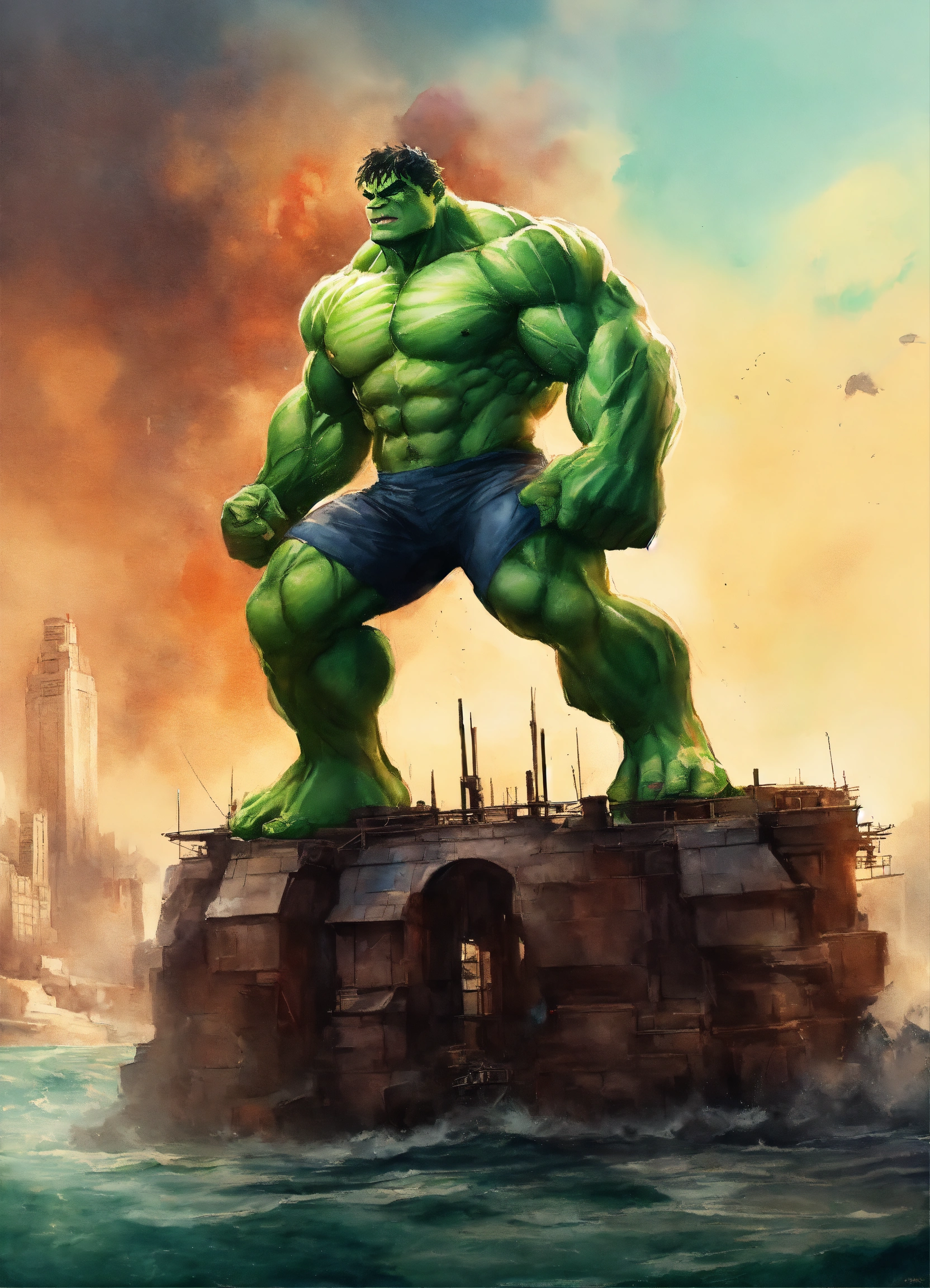 Lexica - A realistic hulk with on tower with water color theme