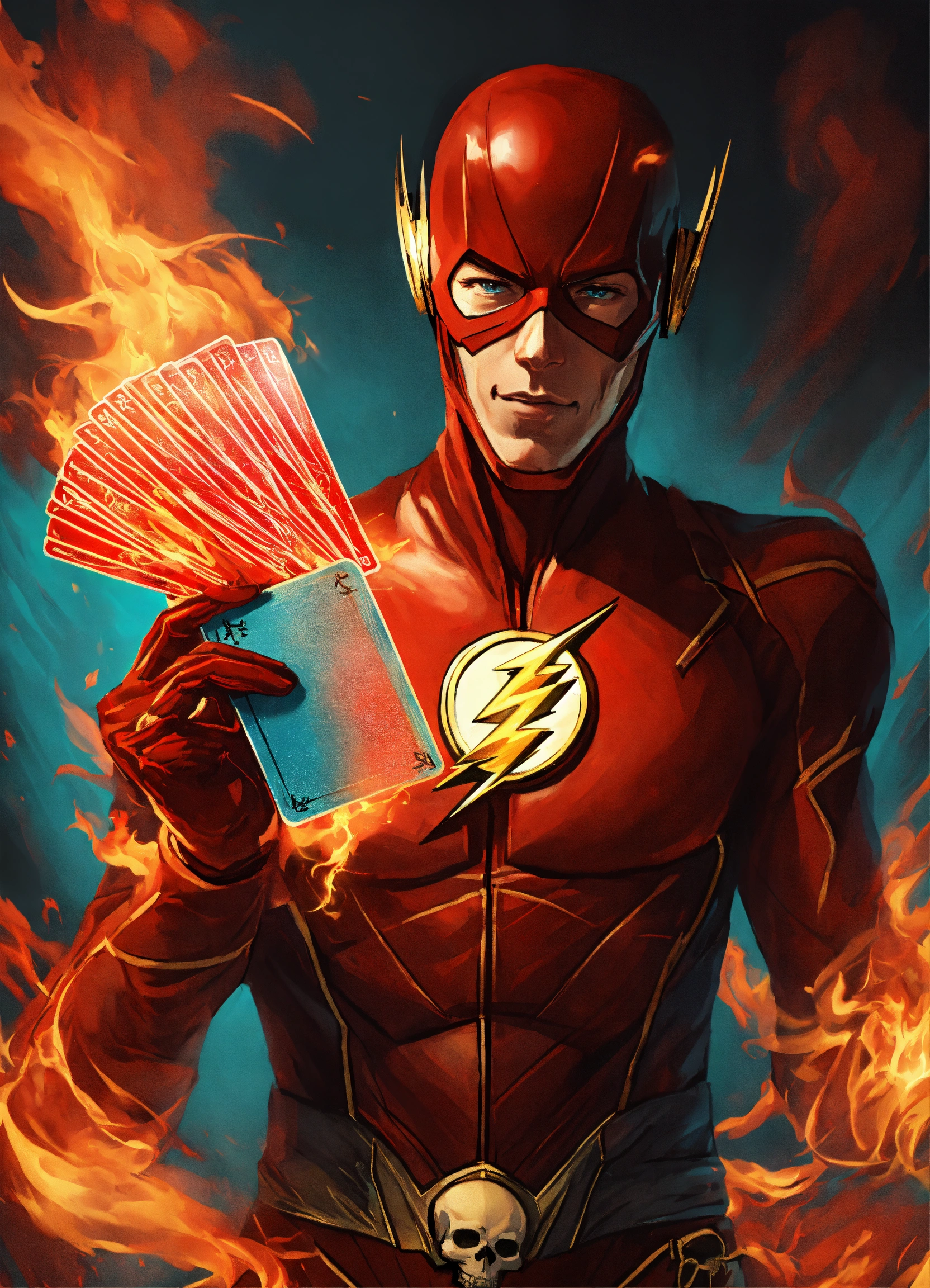 Lexica - A the flash with a skull face holding cards with flames in his ...