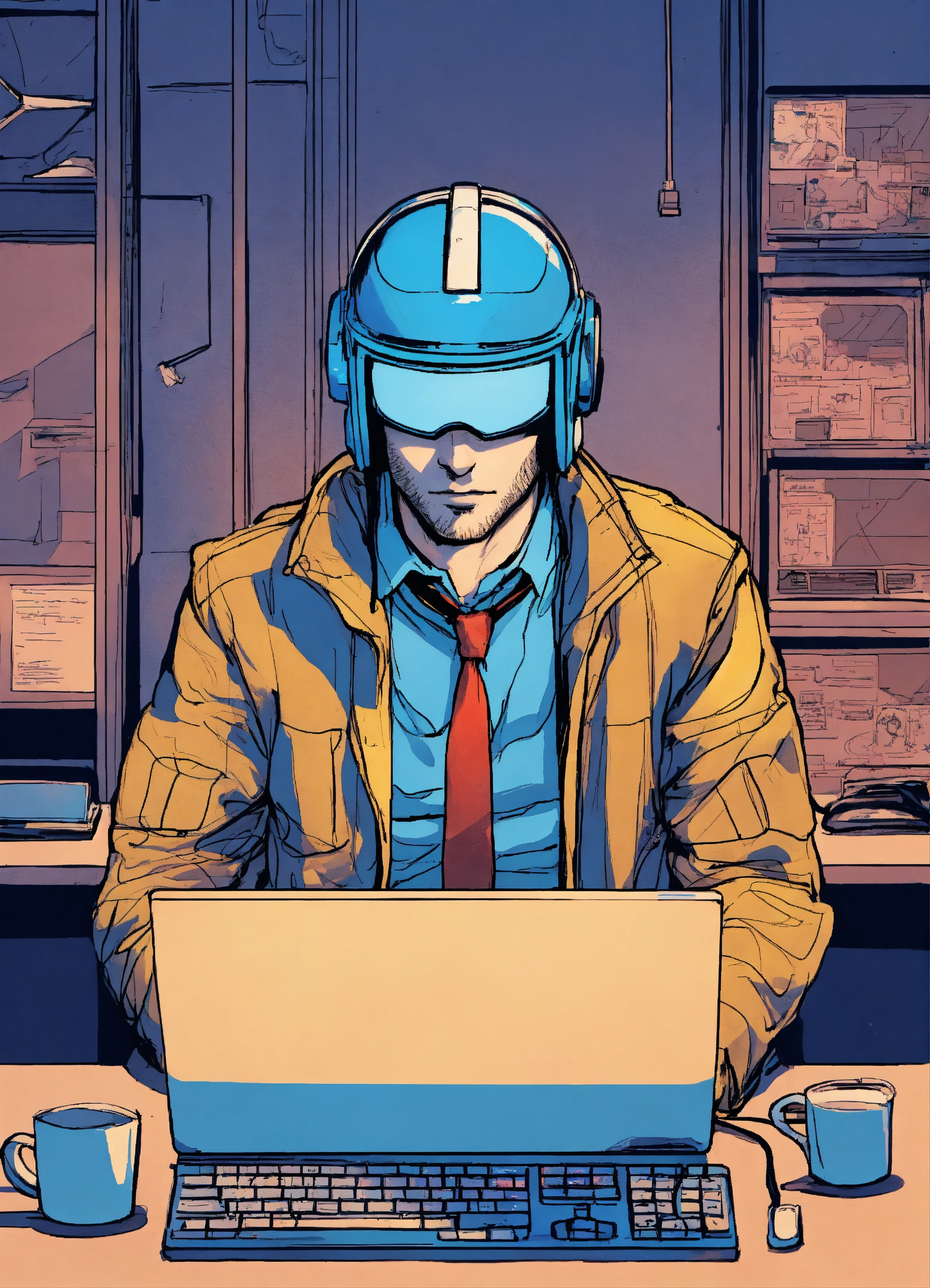 Lexica - A comic drawing Man sitting in front of a computer with a blue ...