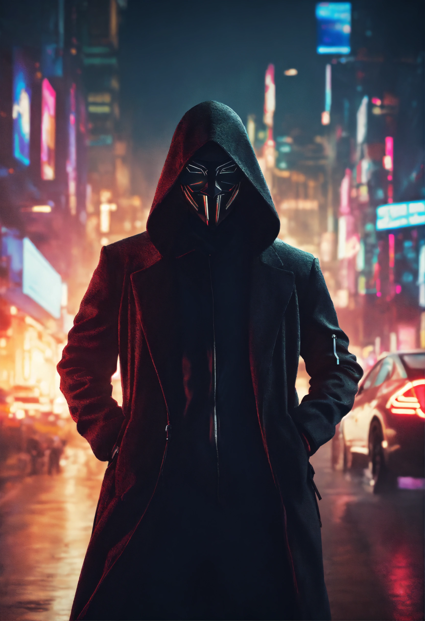 Lexica - Anonymous, Cyberpunk Hacker, Wearing Black Suit, Cinematic, 4k, Zoom Out