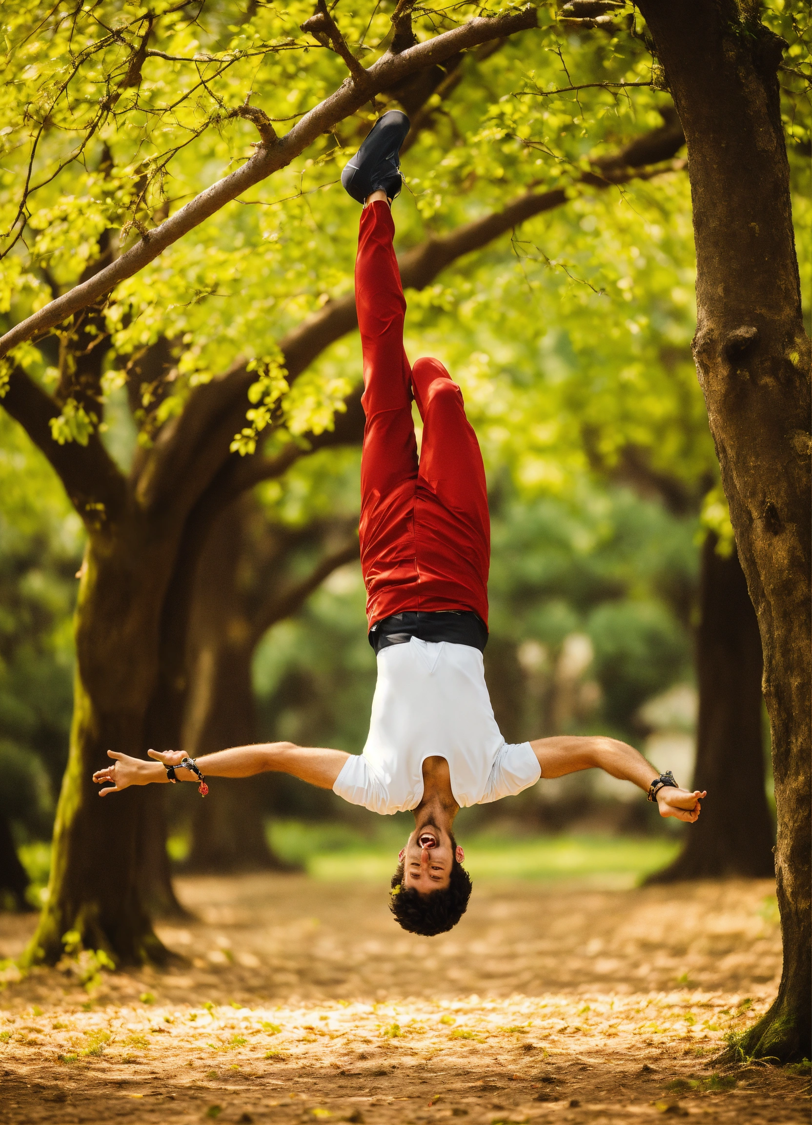 Lexica - "Create an image depicting a joyful man full of life, juggling while hanging upside ...