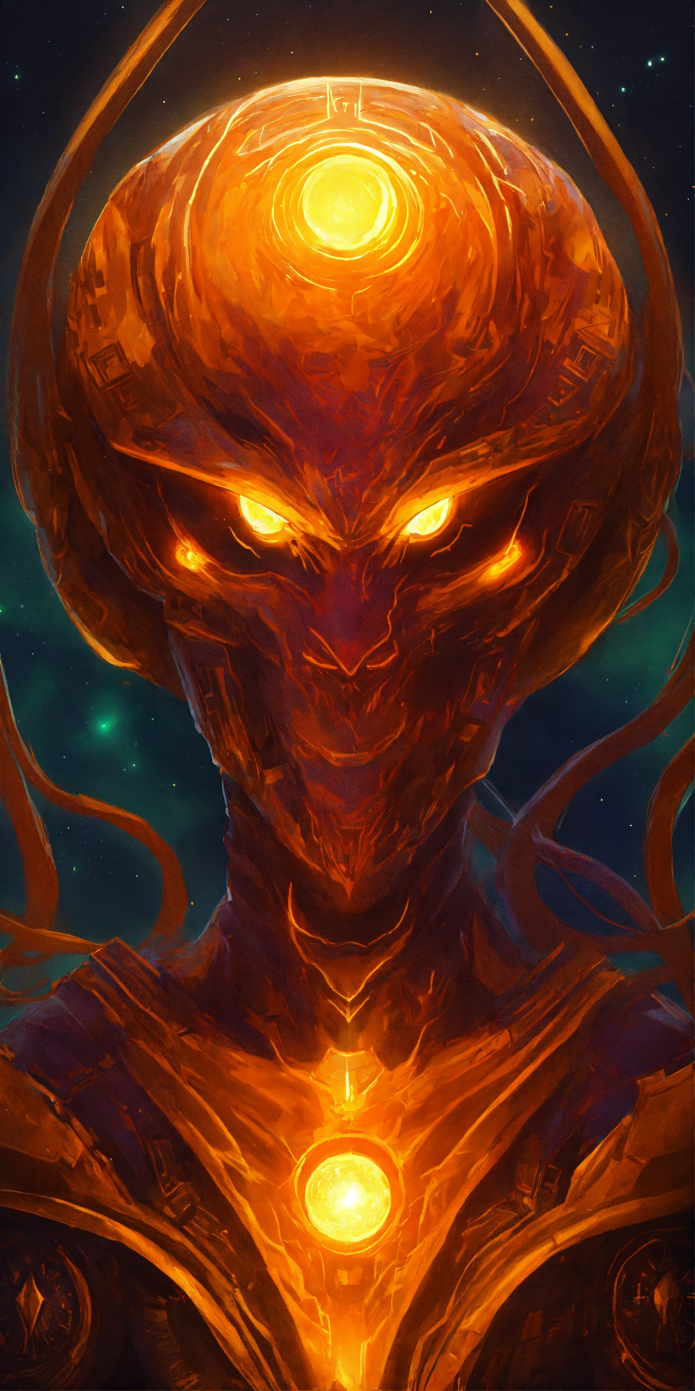 Lexica - Drawing of a galactic alien king with glowing orange energy.