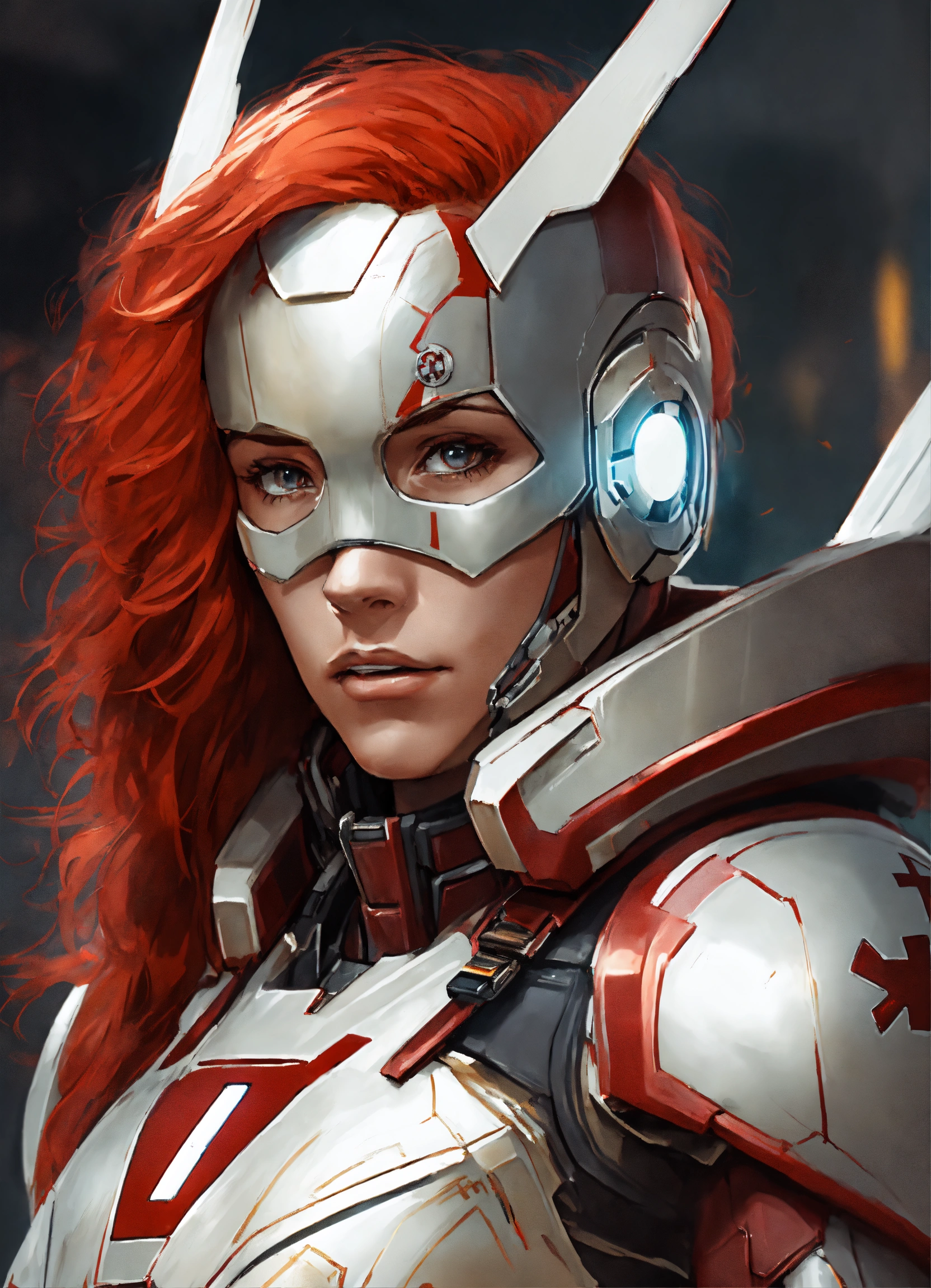 Lexica - Female athletic red hair wearing white metal Iron Man armor ...