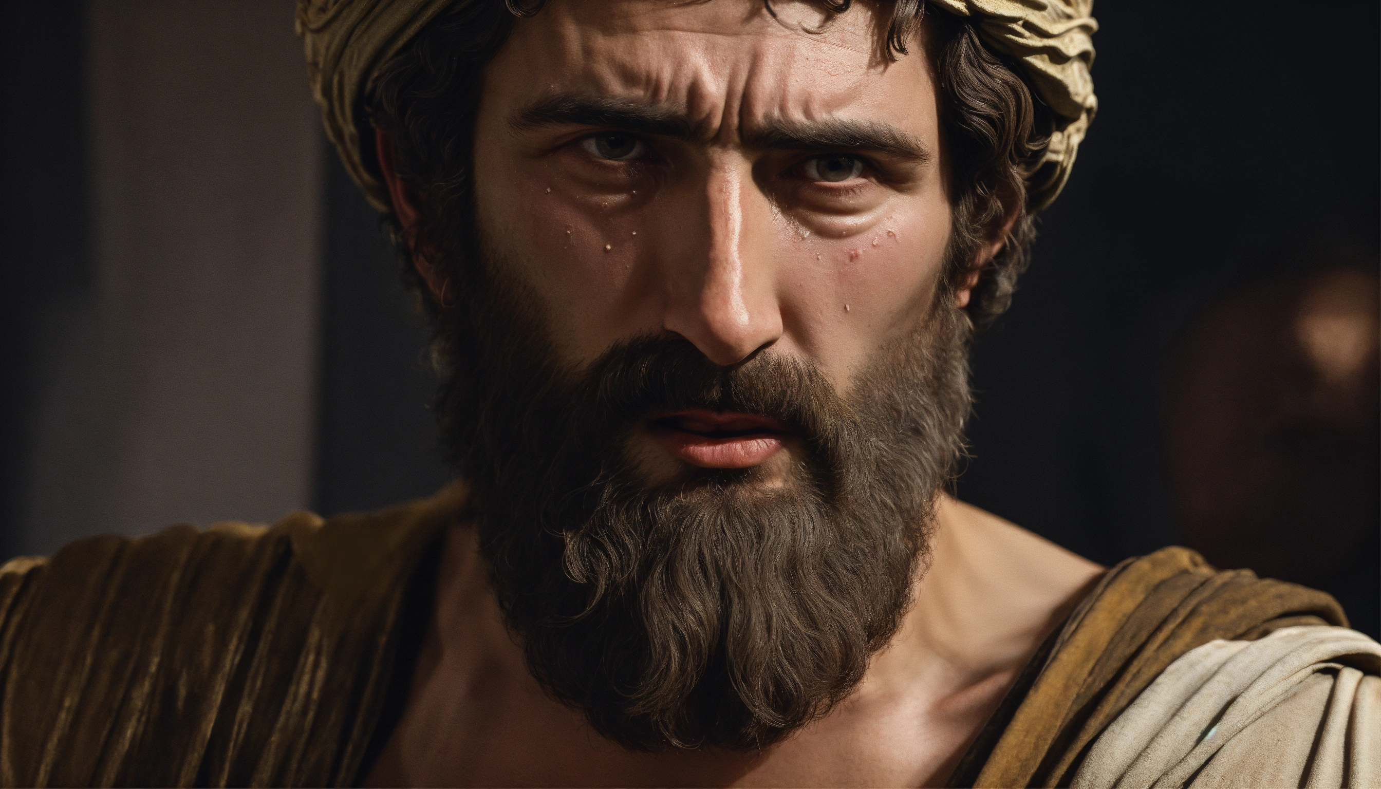 Lexica - Poor stoic man, bearded, with problems, crying,hand on forhead ...