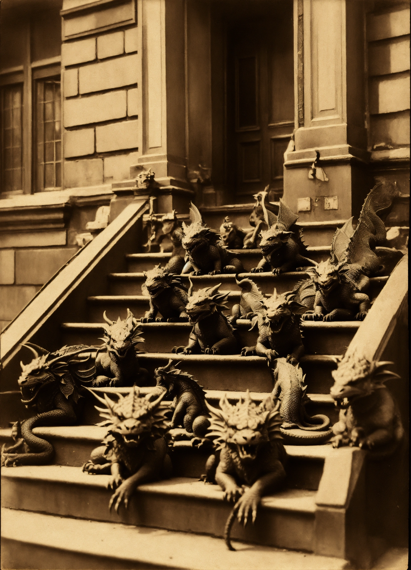 Lexica - Vintage 1800s photo of a gang of dragons sitting on steps ...