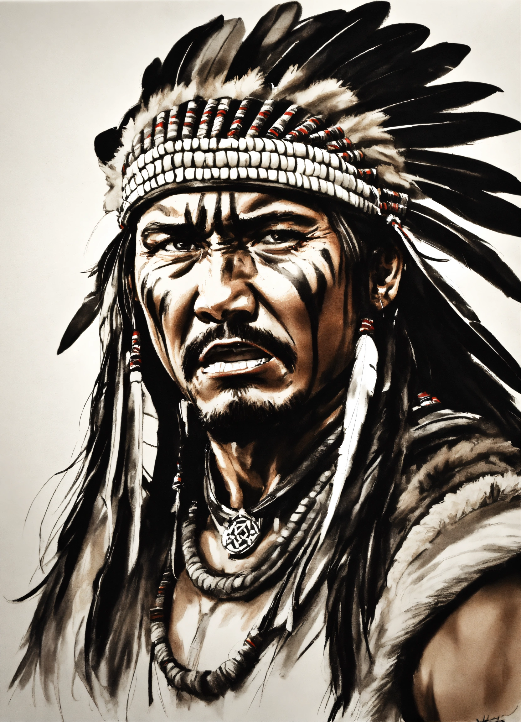 Lexica - Sketch a realistic Apache warrior screaming on white paper.