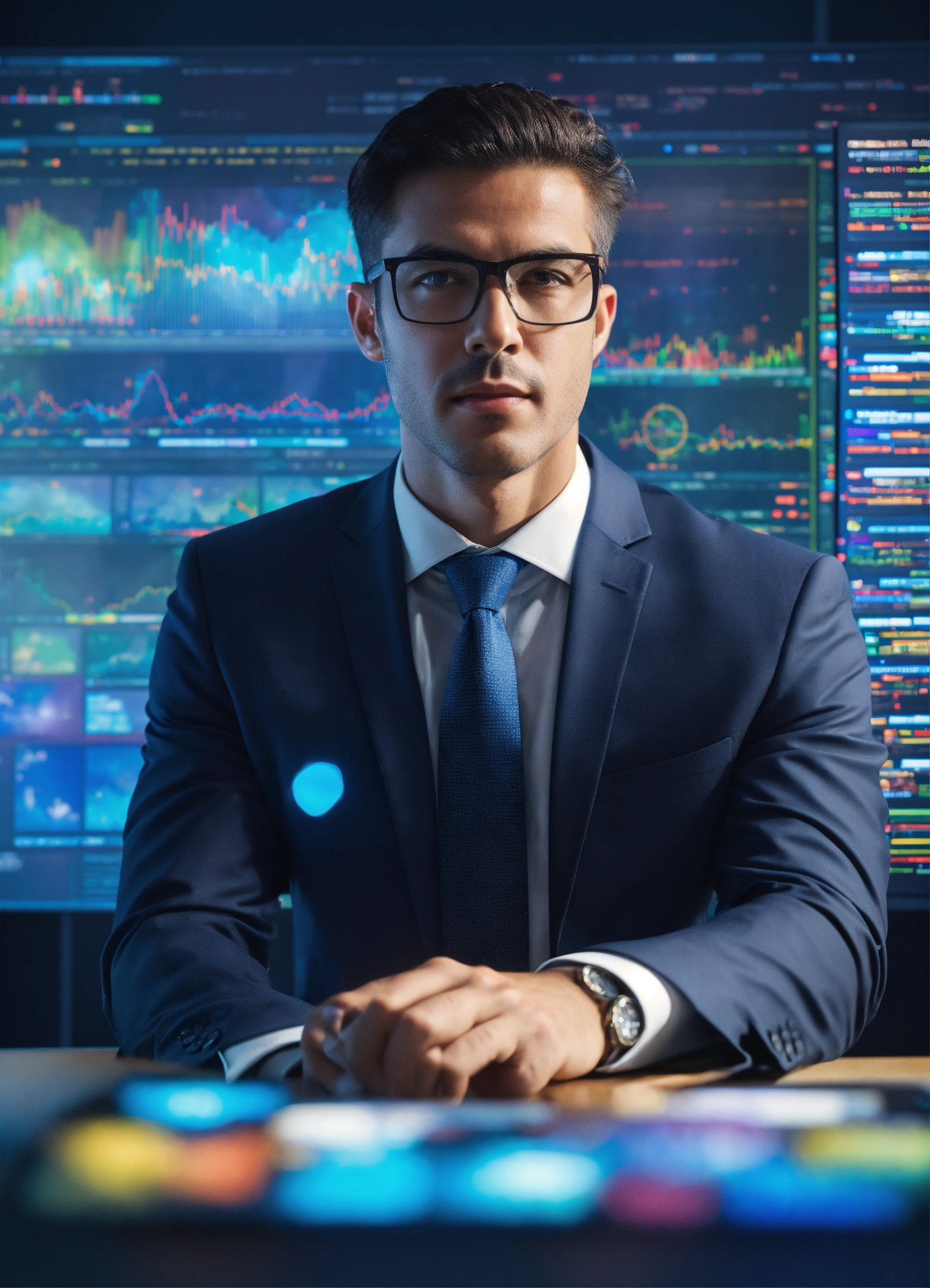 Lexica - A vibrant image depicts a businessman standing behind a fully ...