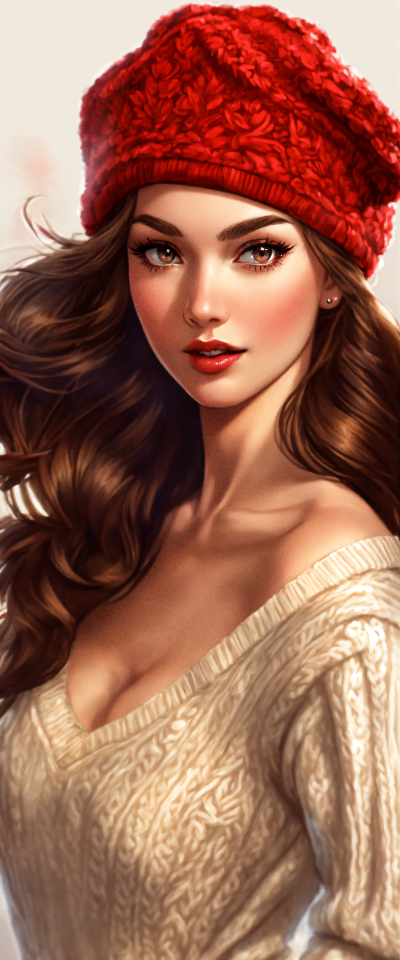 Lexica - Beautiful pinup woman, long brown hair and big hazel eyes, white wool sweater with red ...