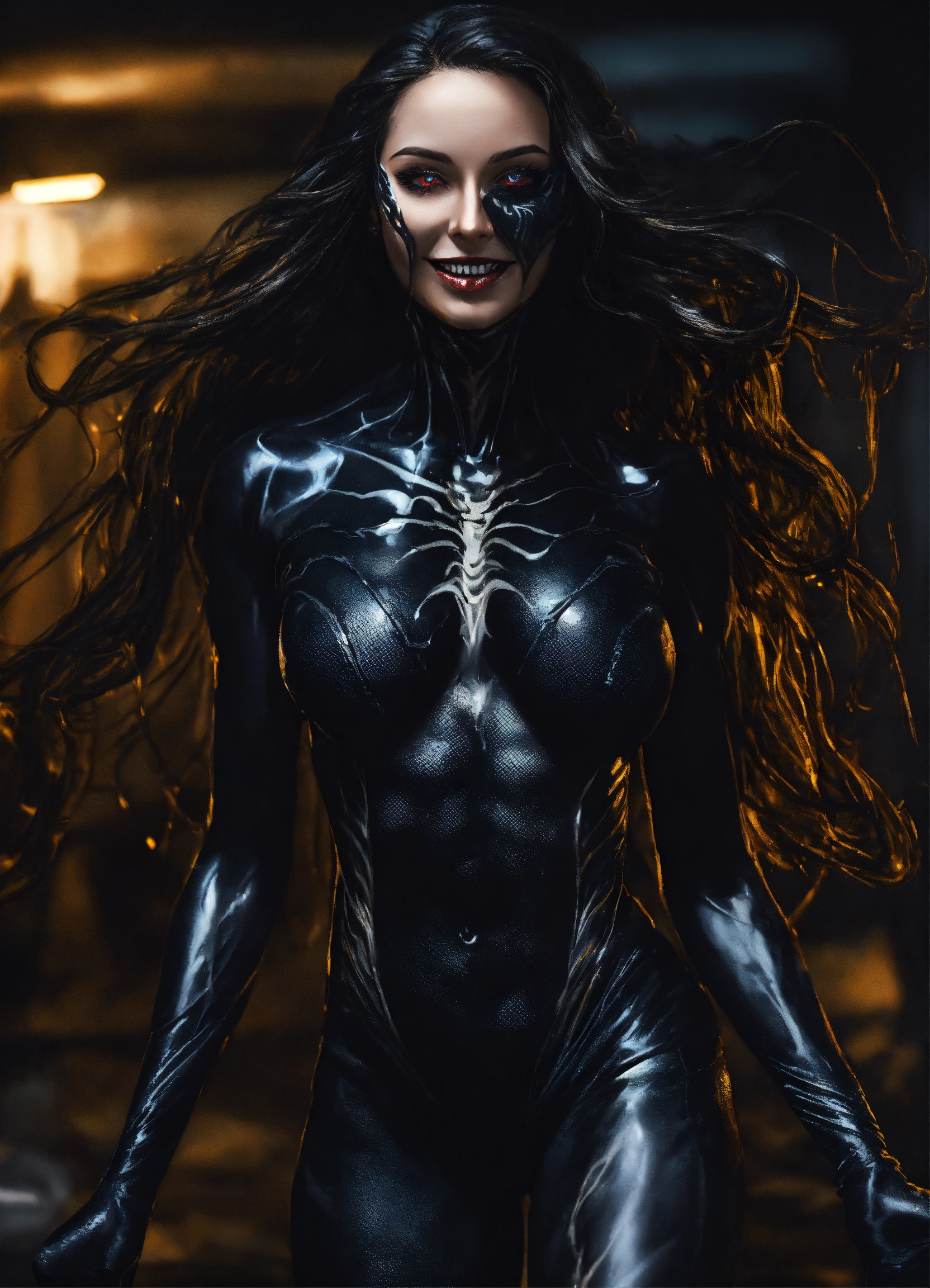 Lexica - An ultrarealistic full body photograph of woman transforming venom symbiote, laying in ...