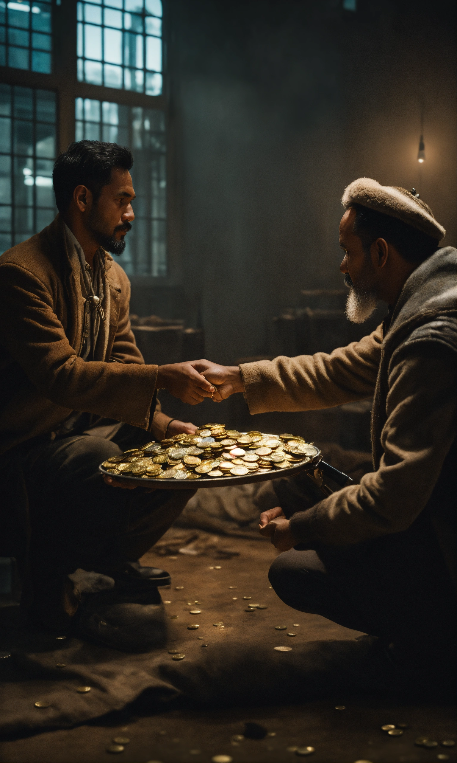 Lexica - A man giving money to a poor man, while holding a weapon with ...