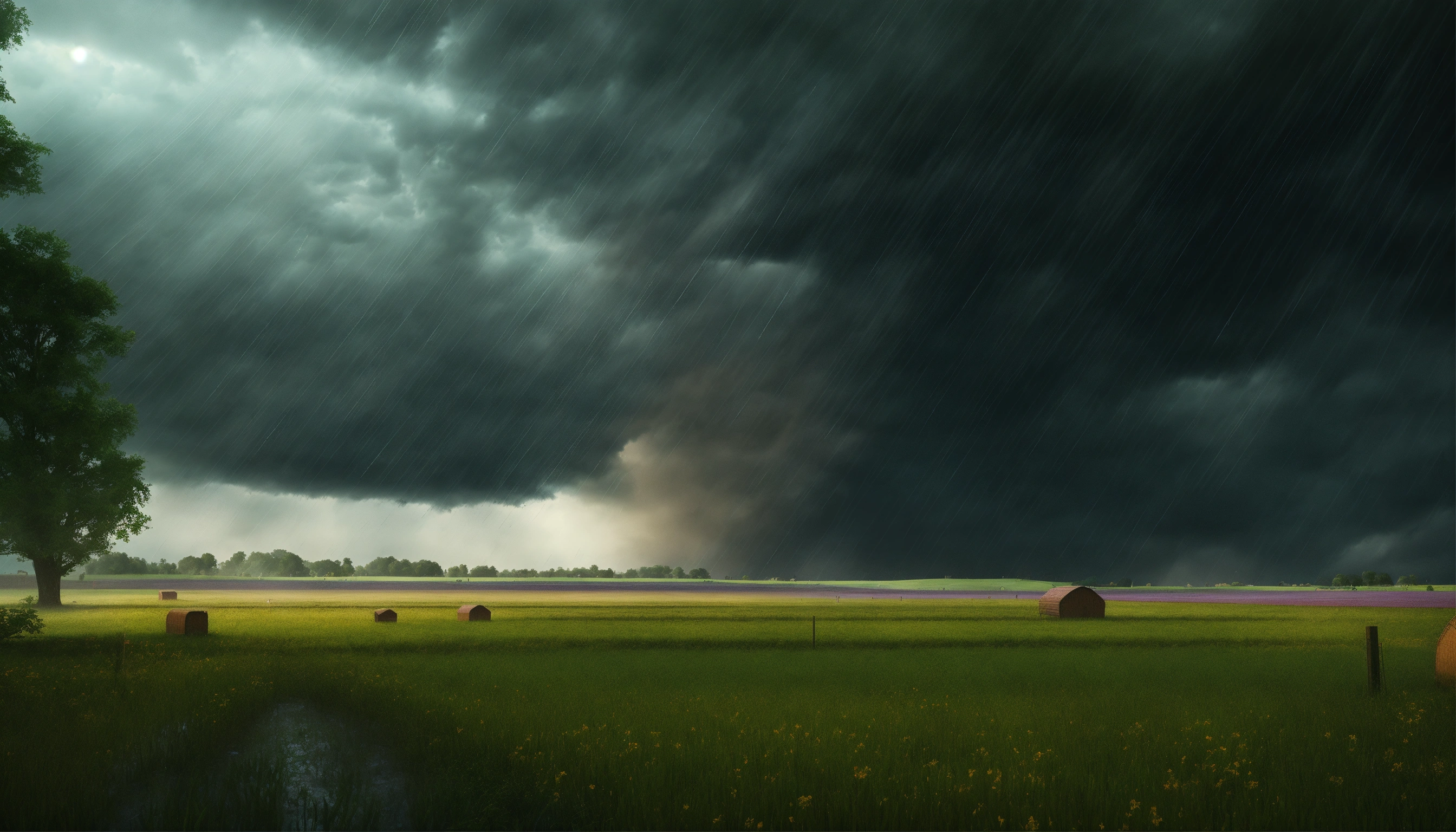 Lexica - "Create an image of dark rain clouds looming over the field, Illustrate the moment when ...