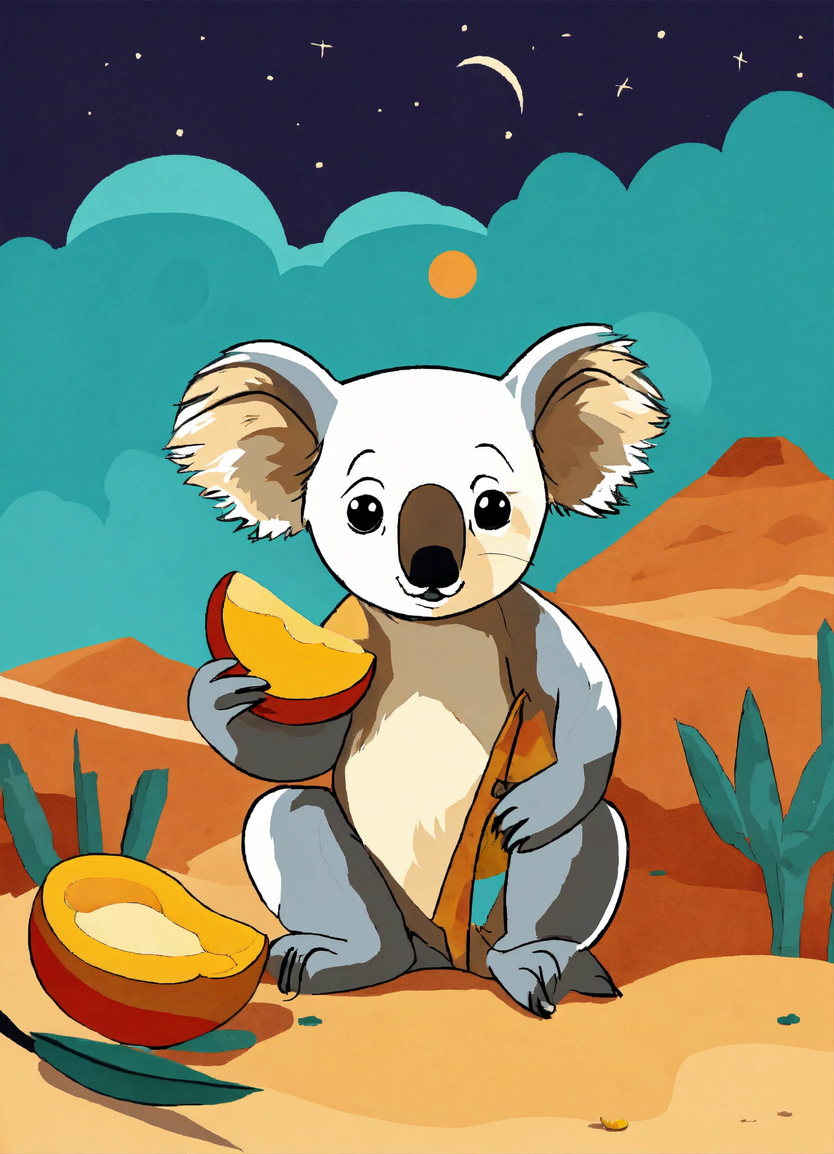 Lexica - A koala eating mango in the Sahara desert in the style of Picasso]