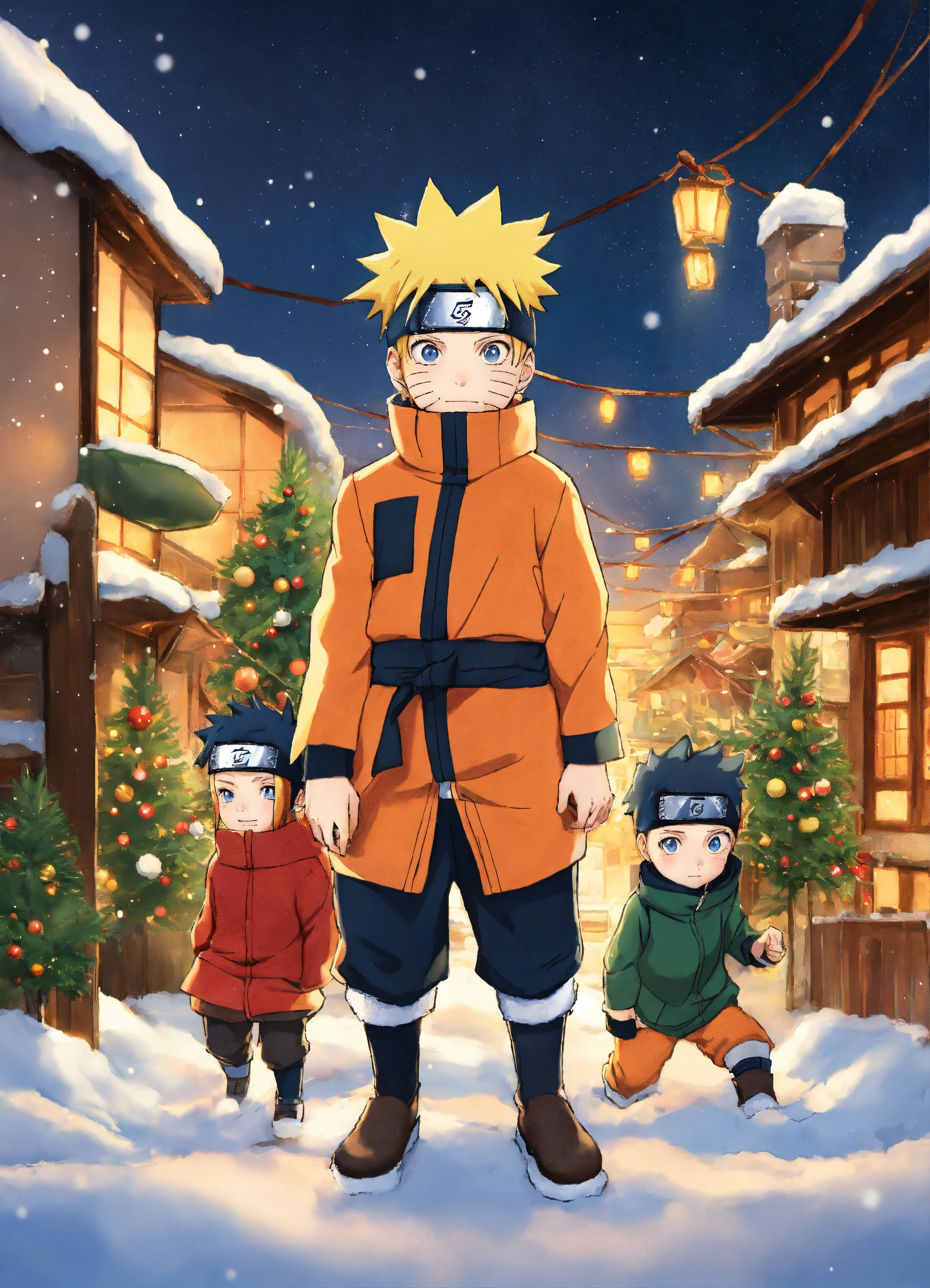 Lexica - Naruto, children's book illustration style, Christmas Time