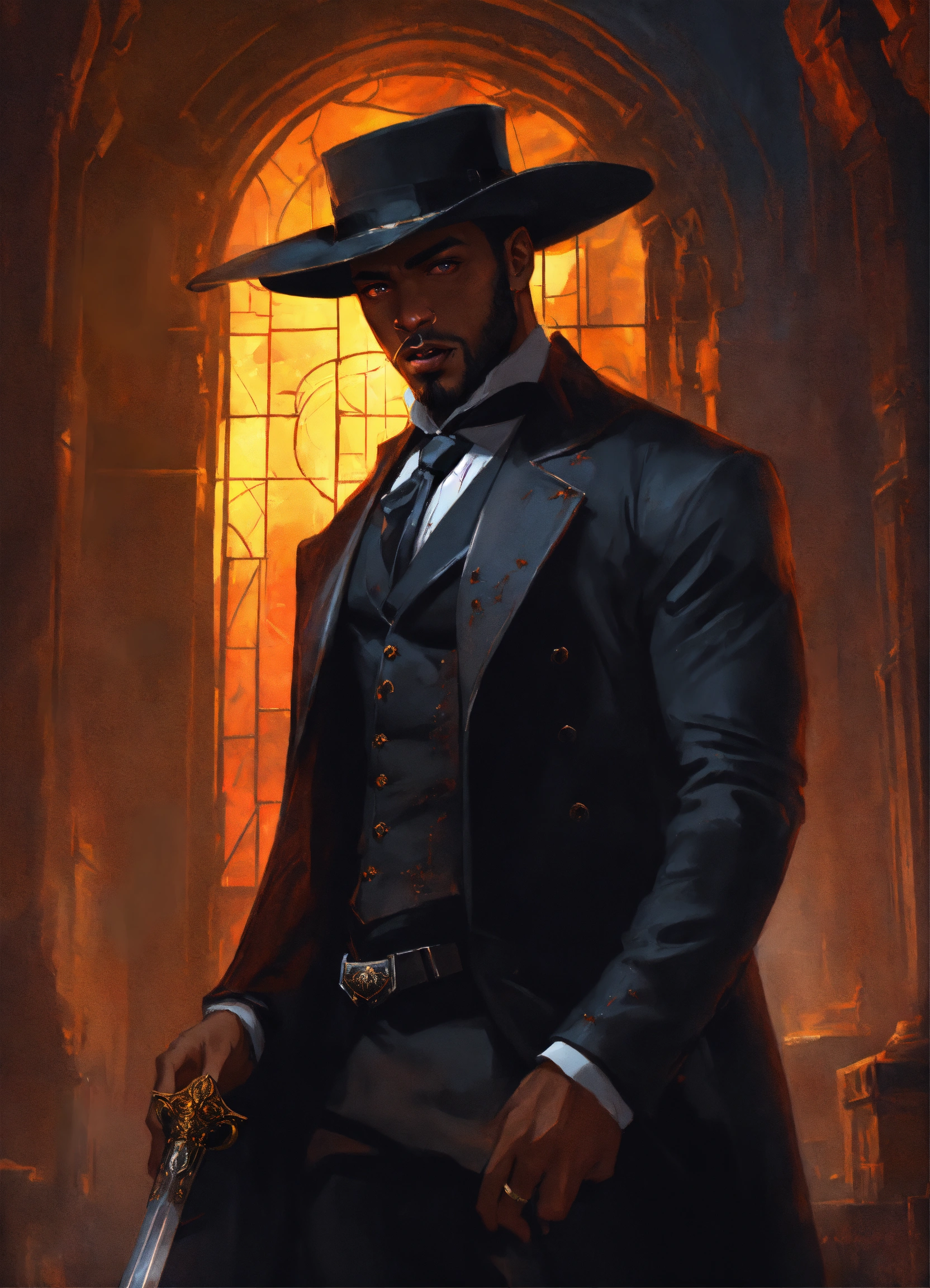 Lexica - Handsome Black Man vampire hunter in a black suit, and his ...