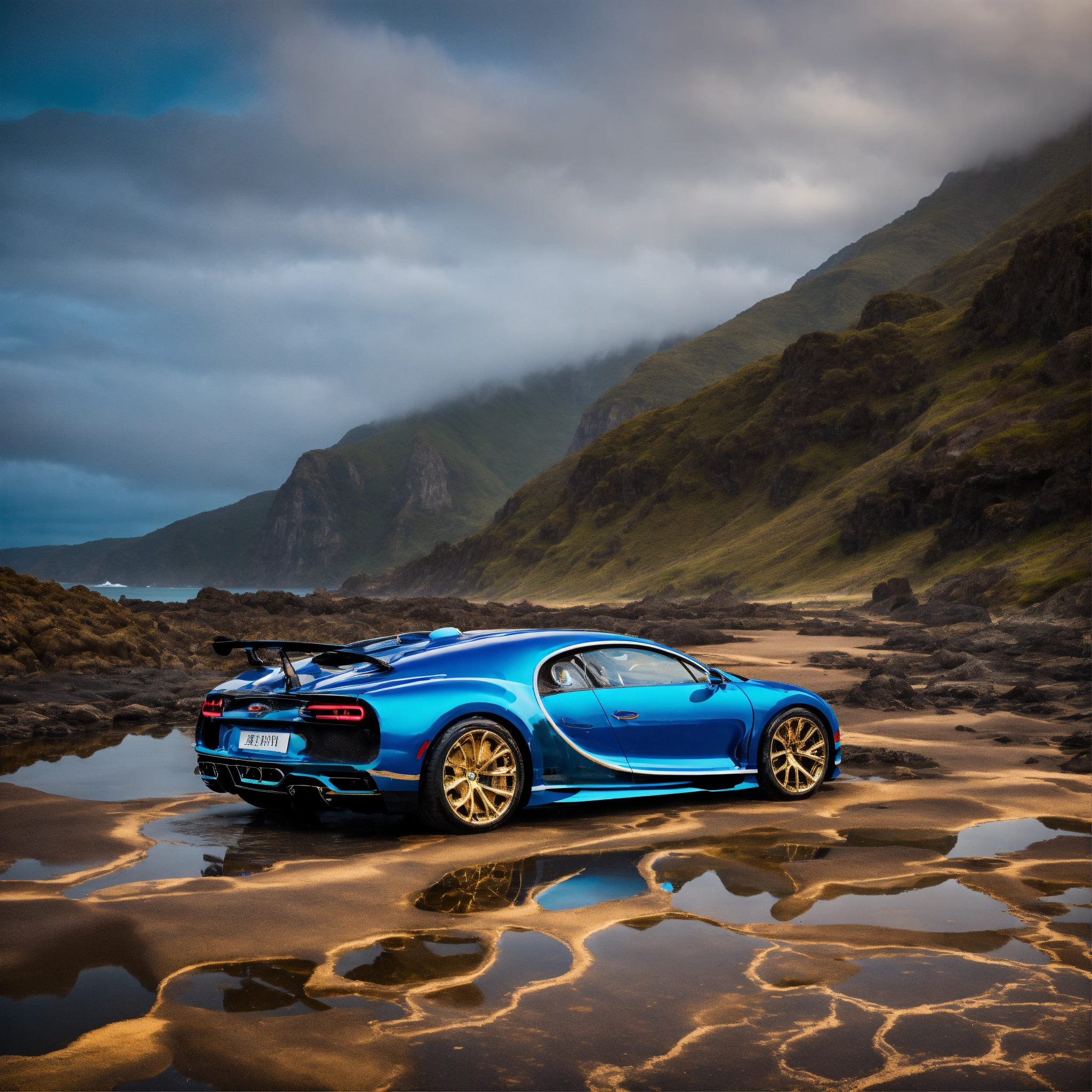 Lexica - Bugatti chiron golden car, blue ocean floor, 8k