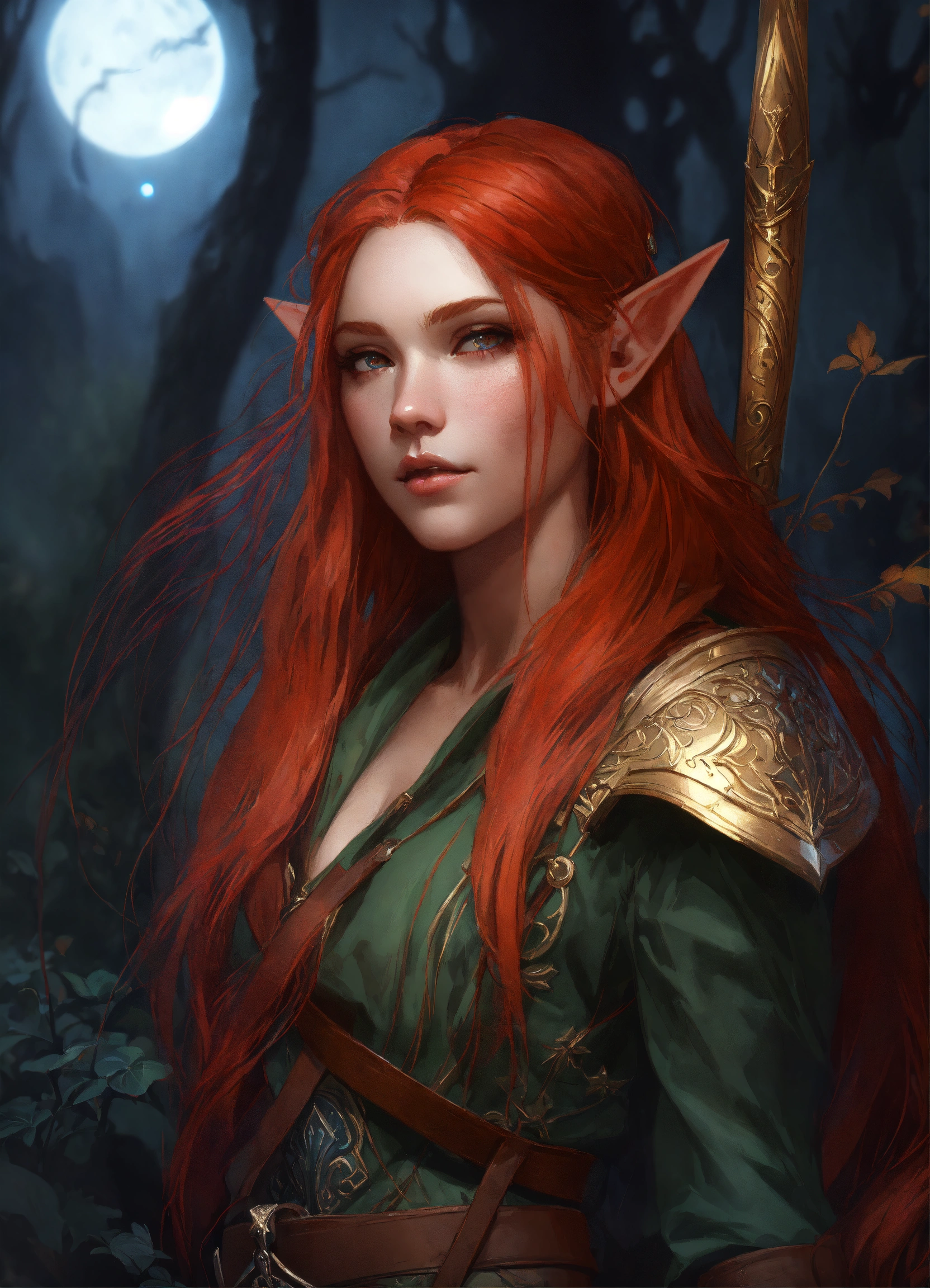 Lexica - Beautiful, red hair, elf, long hair, mysterious moonlit night ...