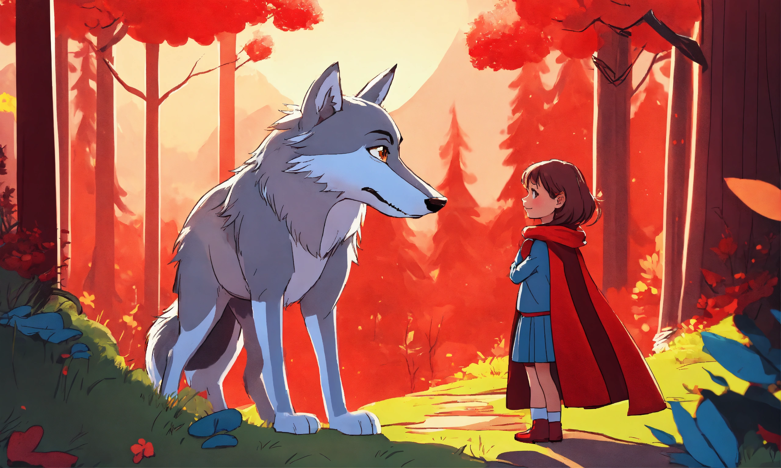 Lexica - Cartoon style grey wolf talking to a 8-years old girl in a red ...