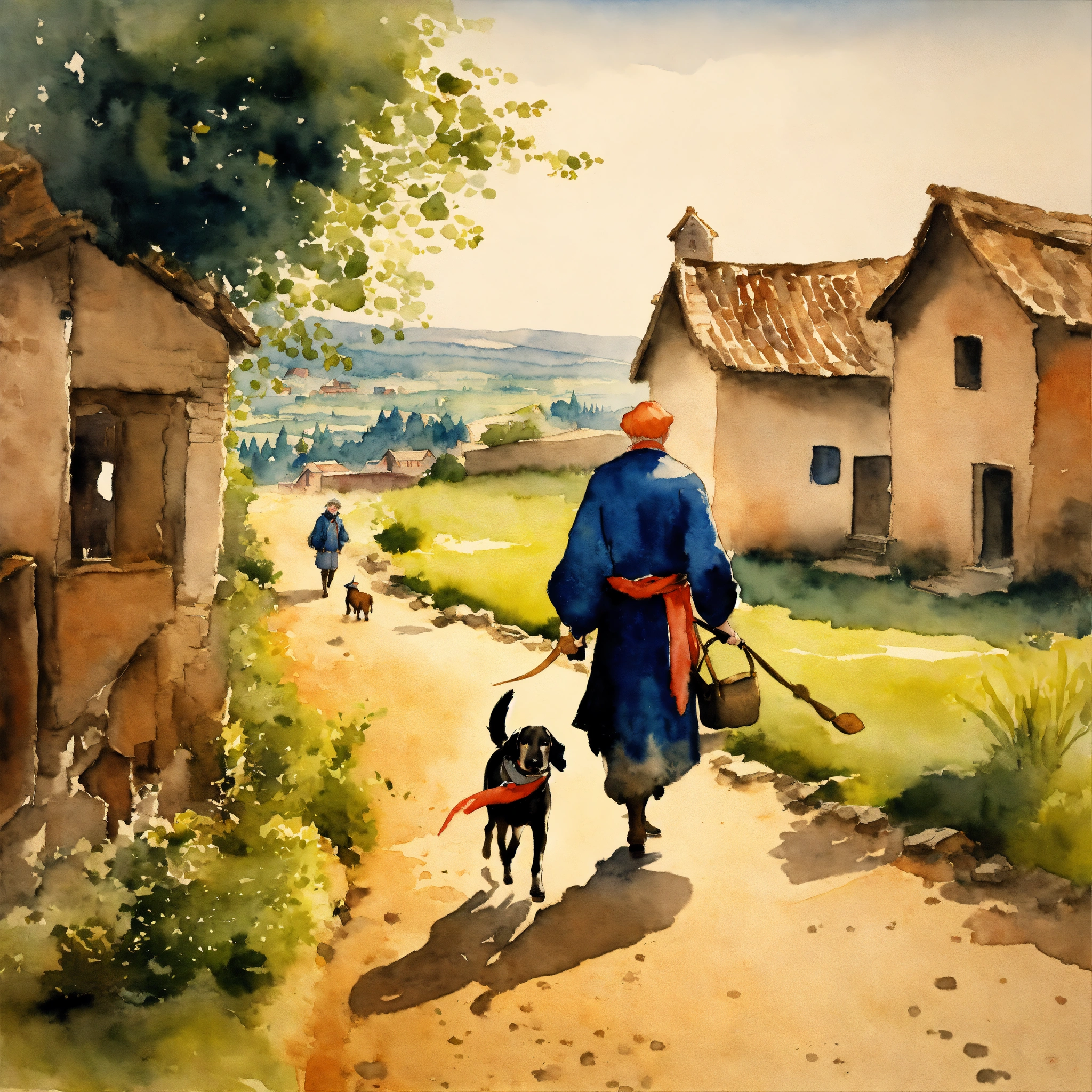 Lexica - Watercolor, merchant with his dog walking towards a village