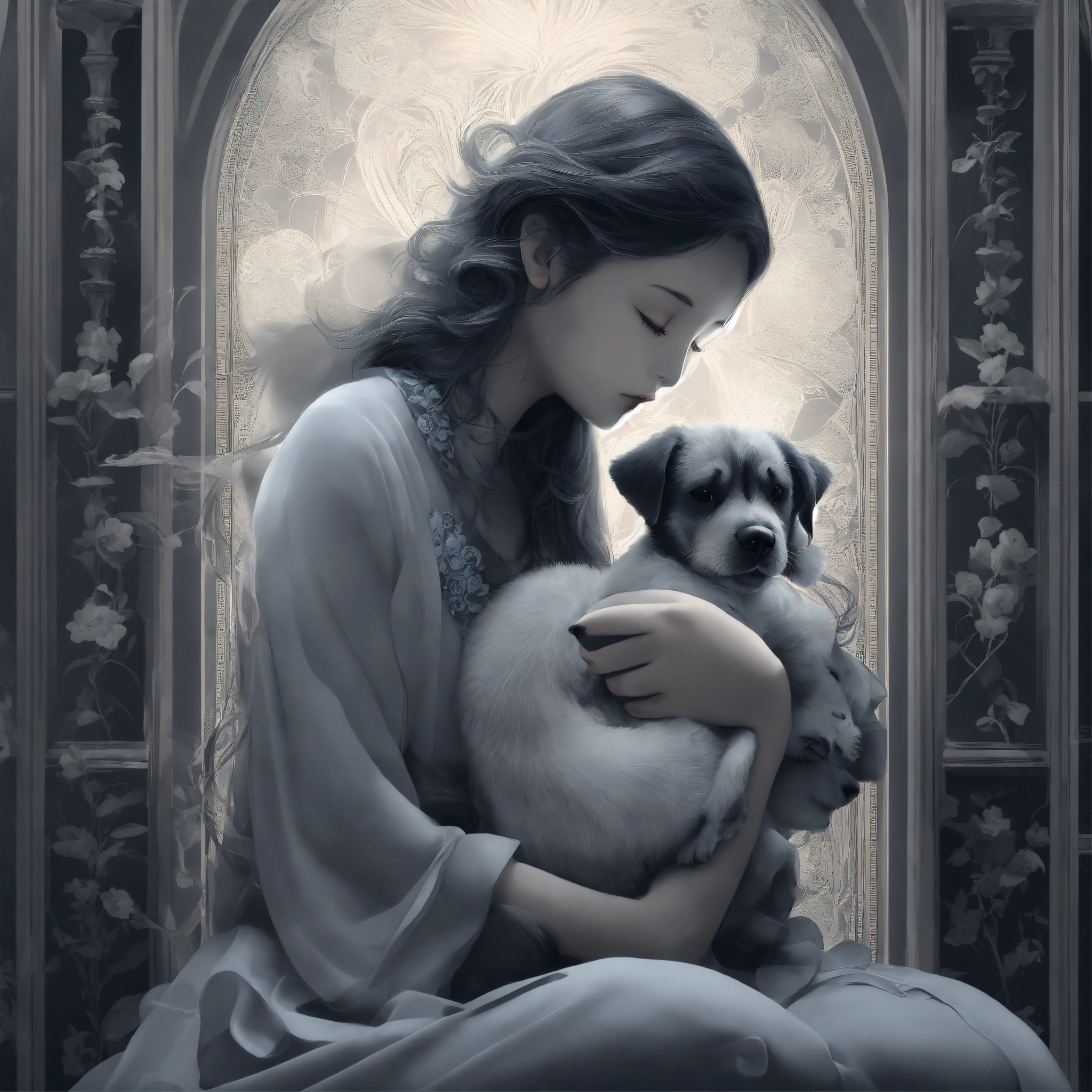 Lexica - Young ghostly girl cuddling puppy, full form angle, depth data ...