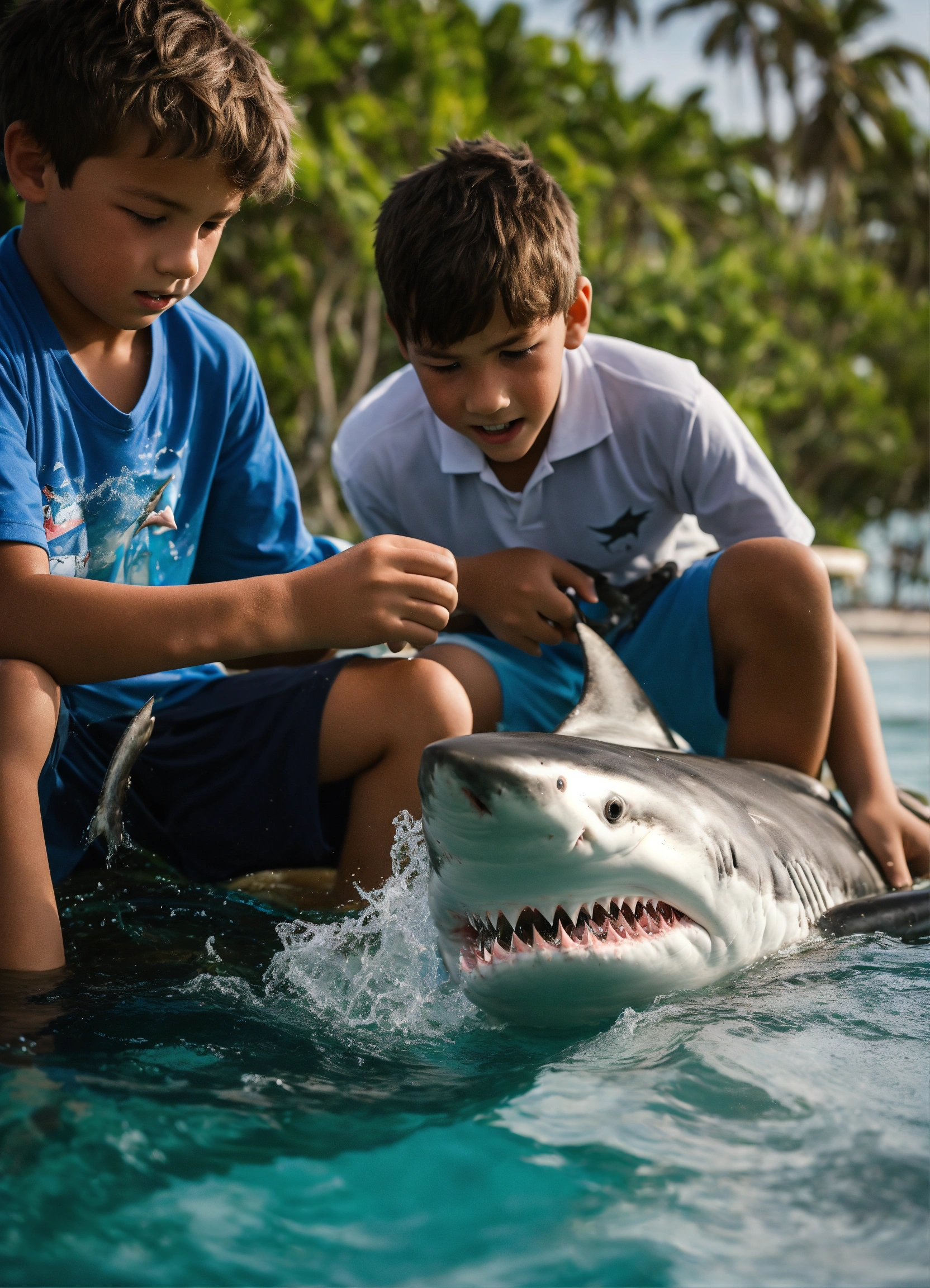 Lexica - I photo of an 11 year old boy fighting a shark with a shark ...