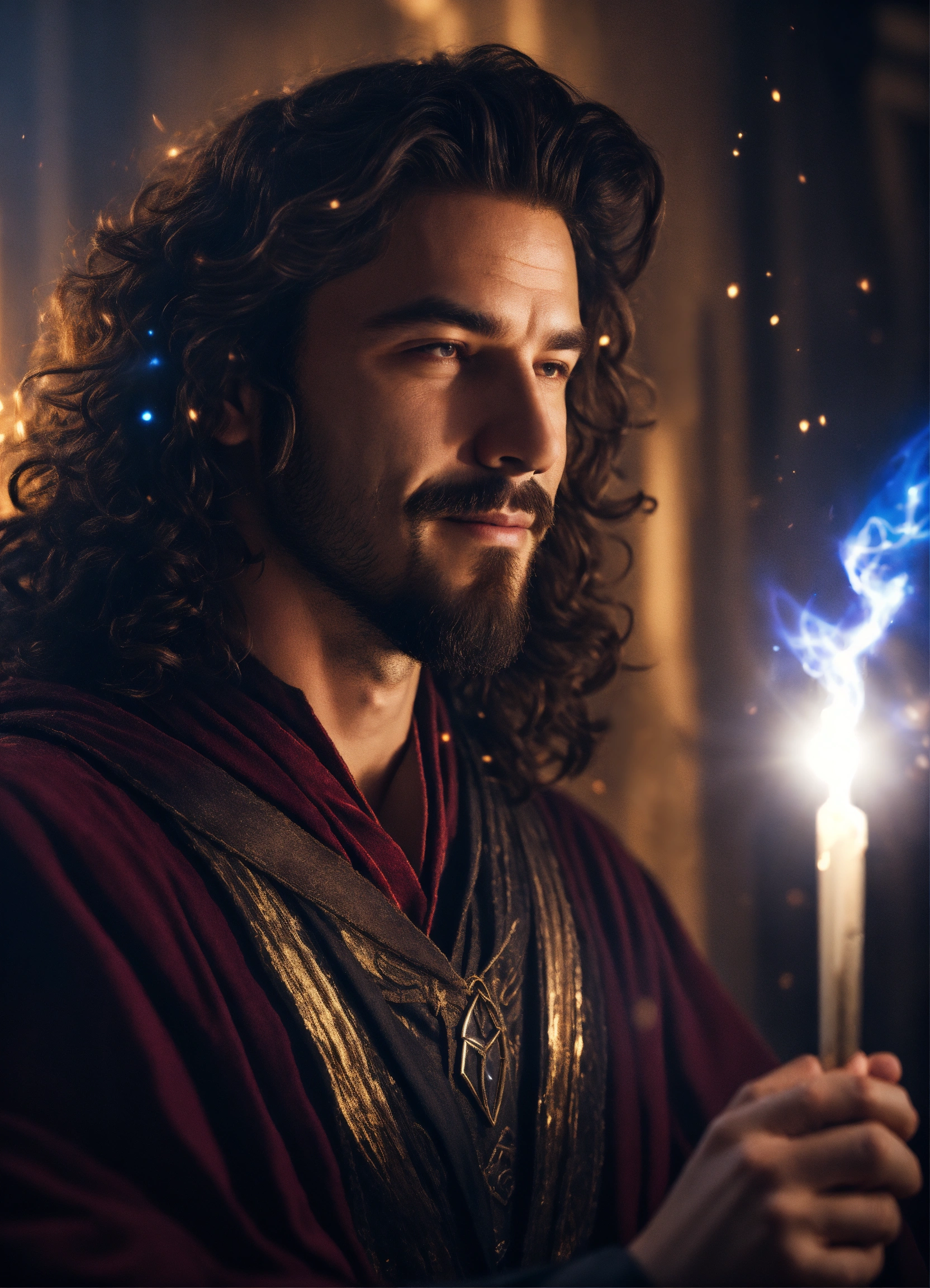 Lexica - Dark medium hair, french goatee, smirk, wizard robes, creating ...