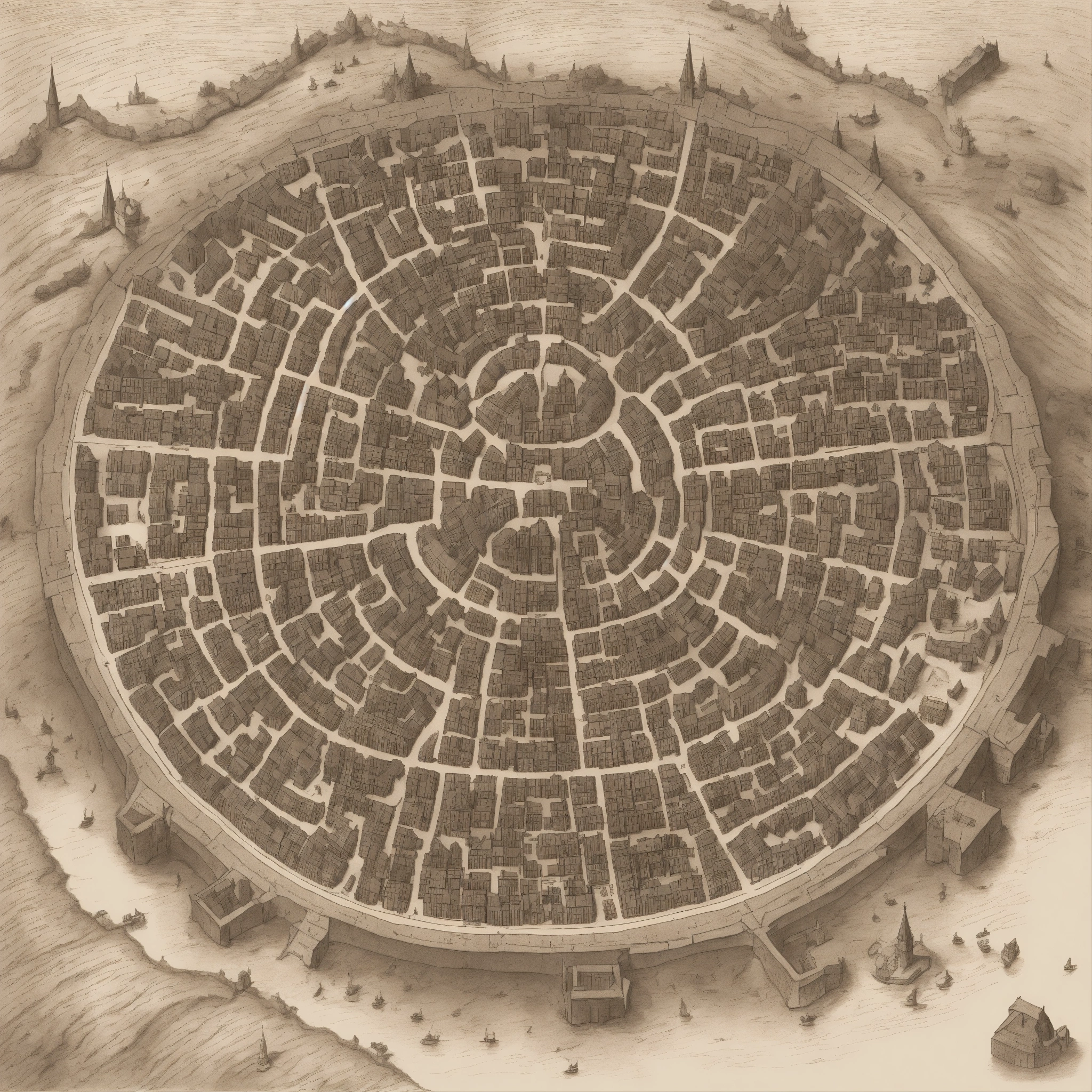 Lexica - Inked map of a medieval massive city. top-down view
