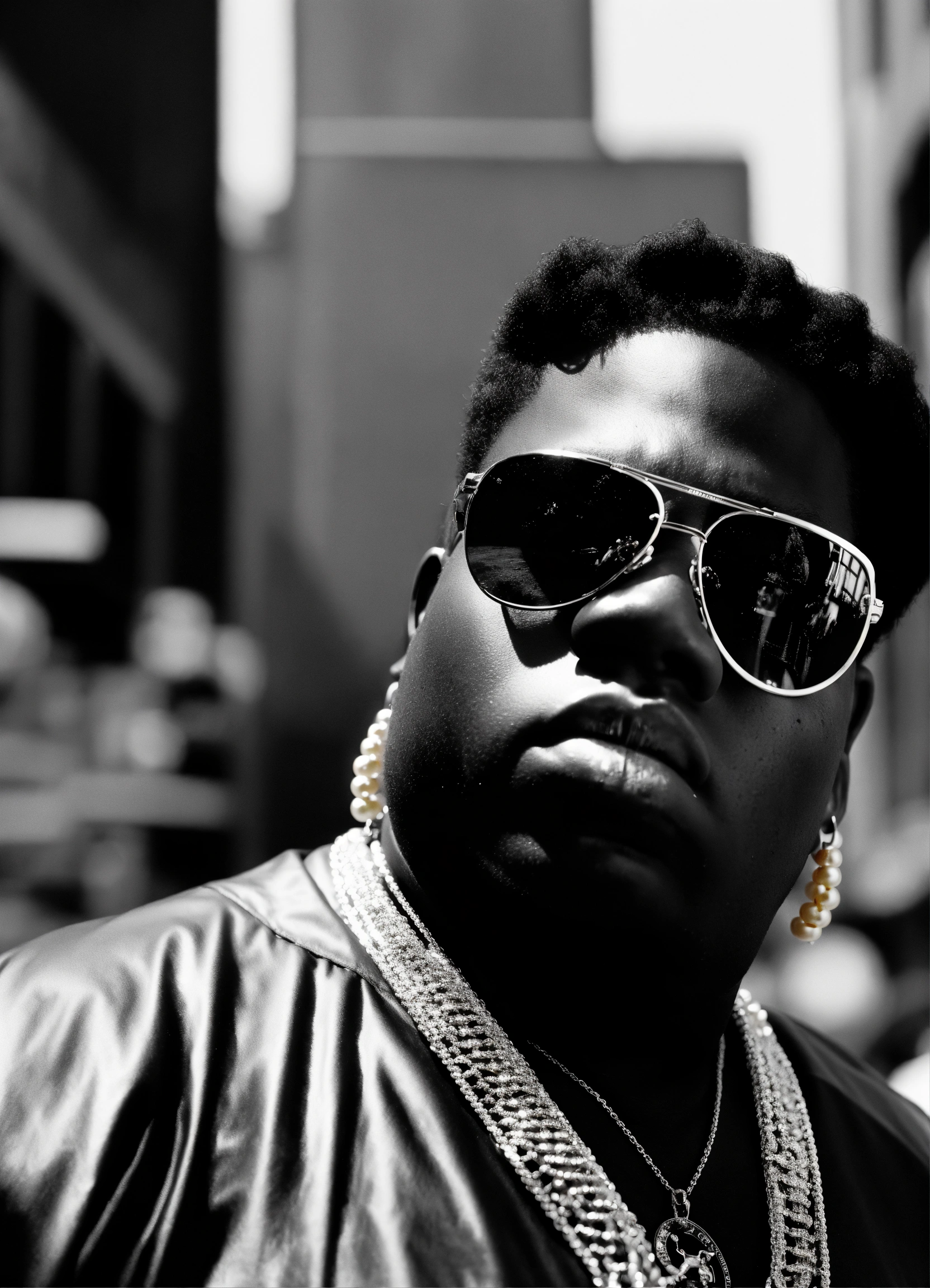 Lexica - Notorious BIG, wearing pearl earrings, black and white ...