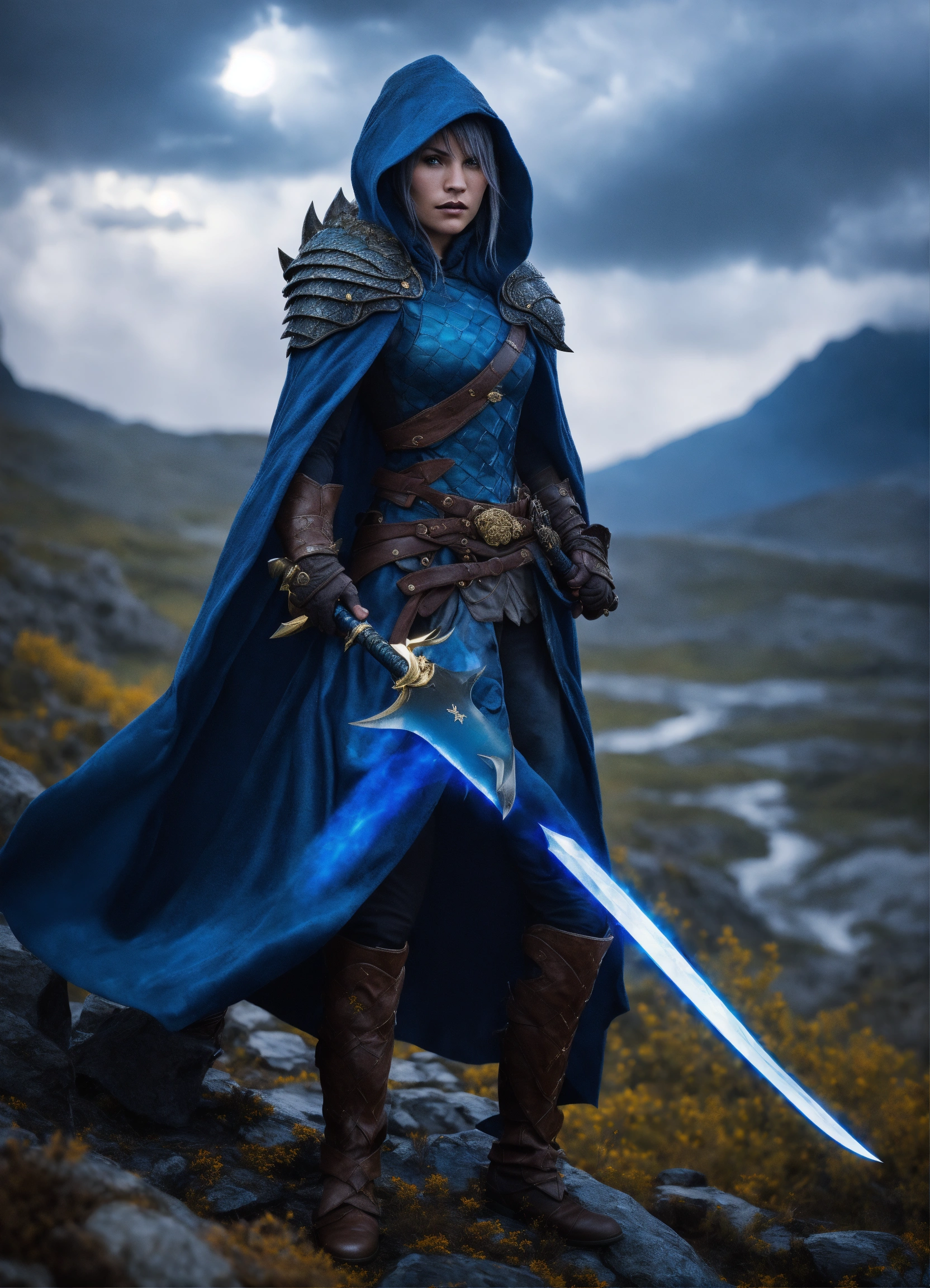 Lexica - Female-Dragonborn blue scales, with a tail, wielding a glaive ...