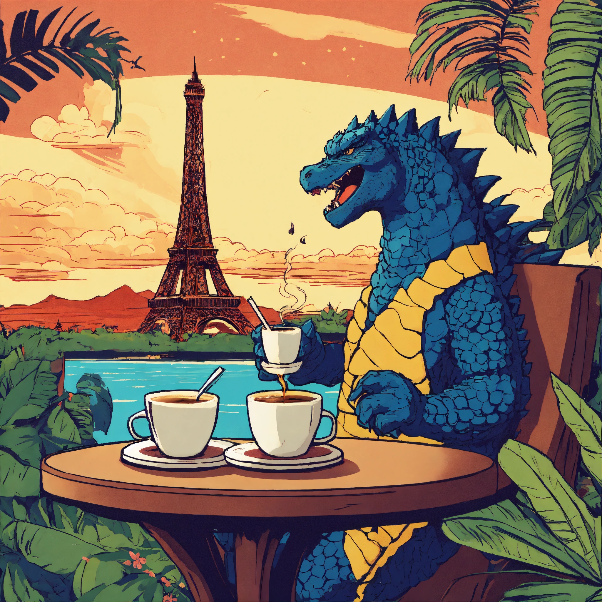 Lexica - Godzilla in Hawaiian style drinking a coffee in front of the ...