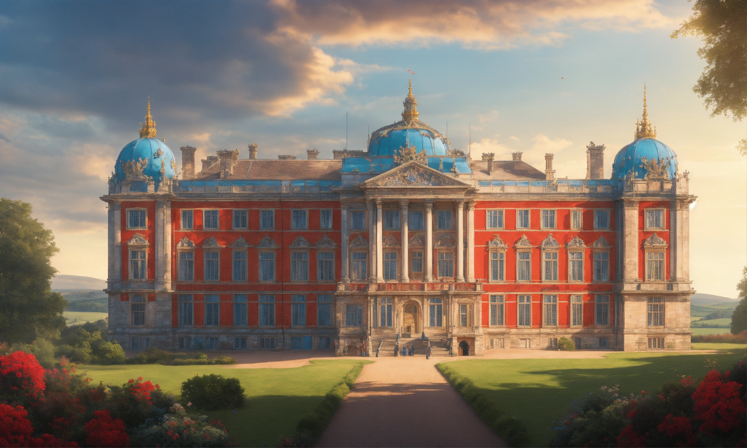 Lexica - Full image of a massive palace with light blue and red designs ...