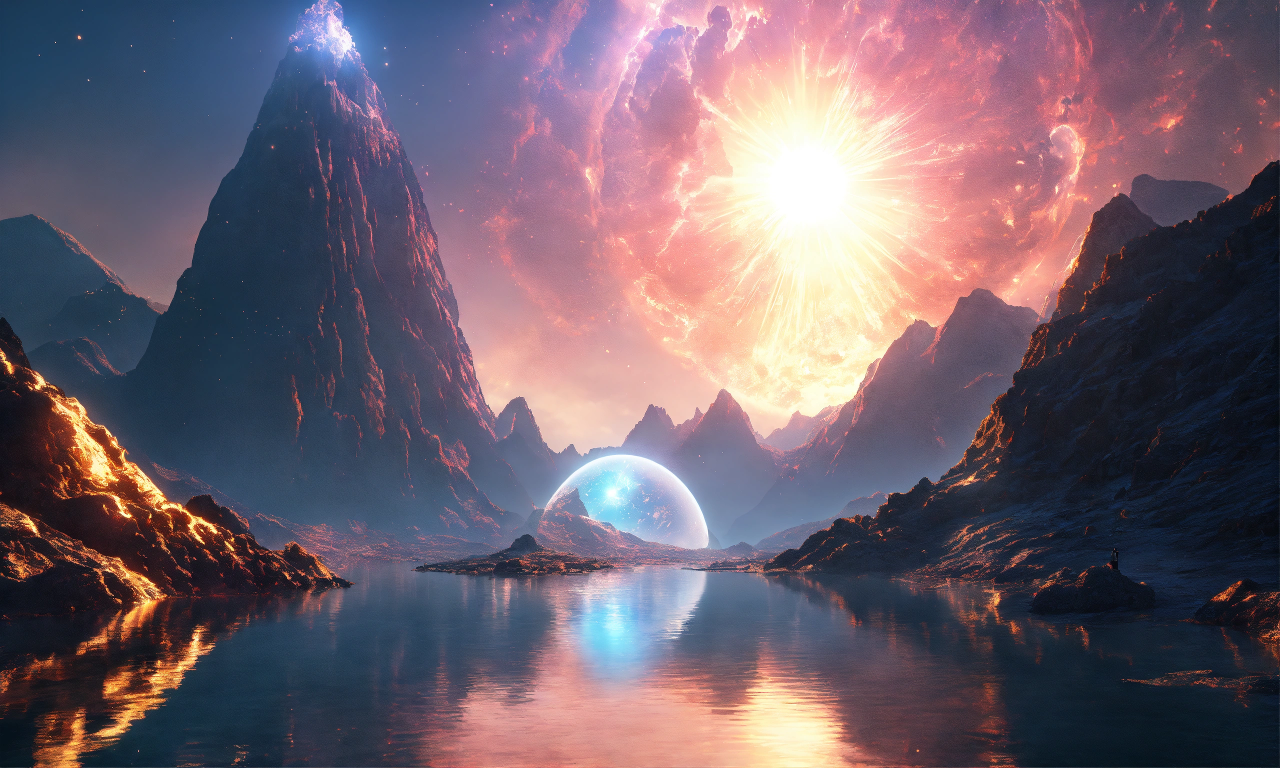 Lexica - Two ethereal water angel, mountain nebula, sun backgound ...