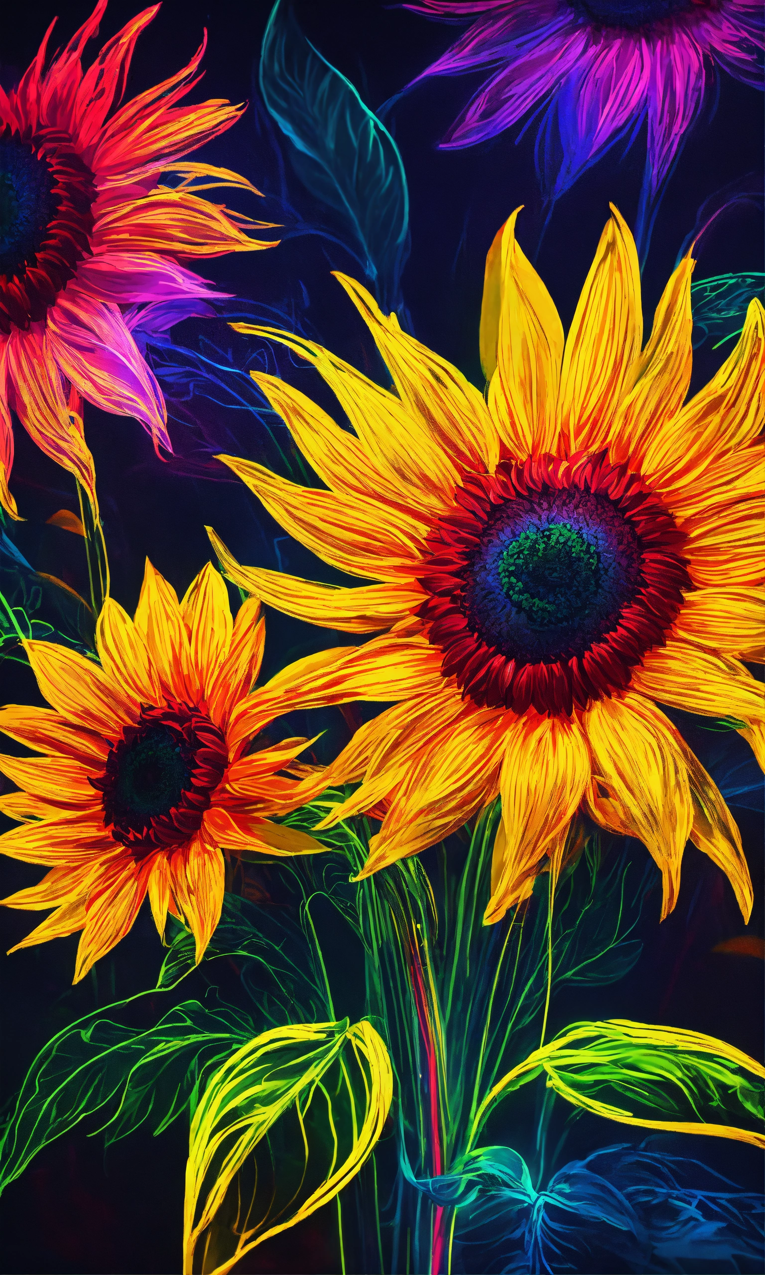 Lexica - Abstract multi colored neon sunflowers, glowing, bright